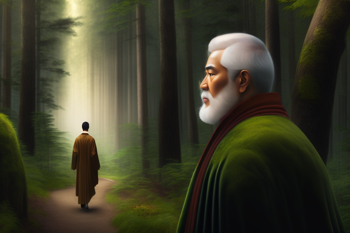 Lexica - A picture of Zen master walking through a lush forest, deep in ...
