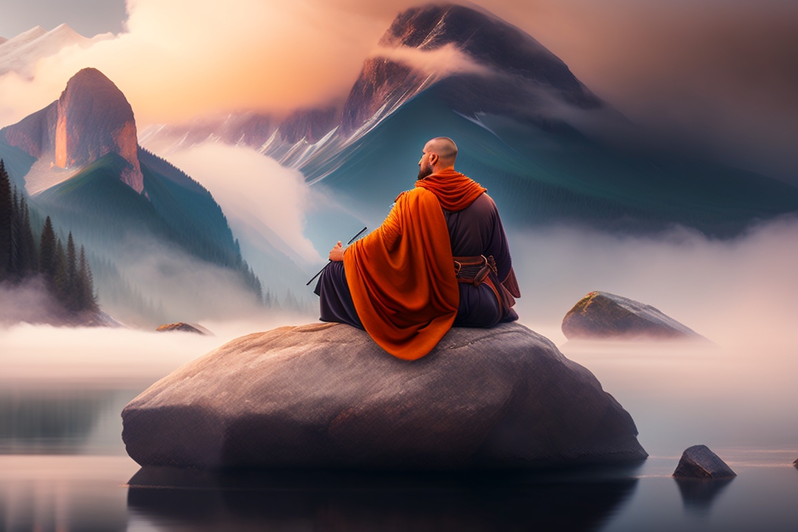 Lexica - Monk sitting on a rock with his back facing the camera. He is ...