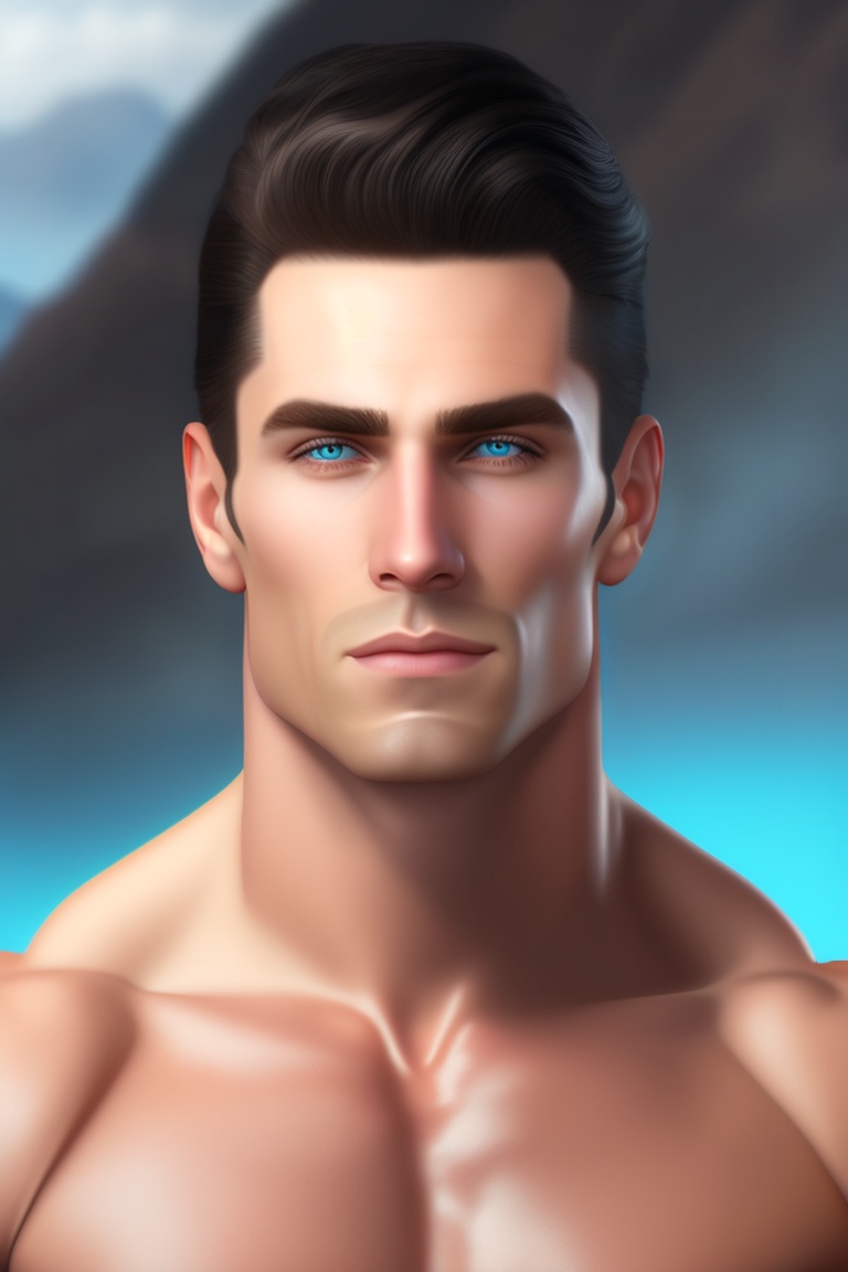 Lexica - A rugged, buff man with ice blue eyes and black hair, in his 30s