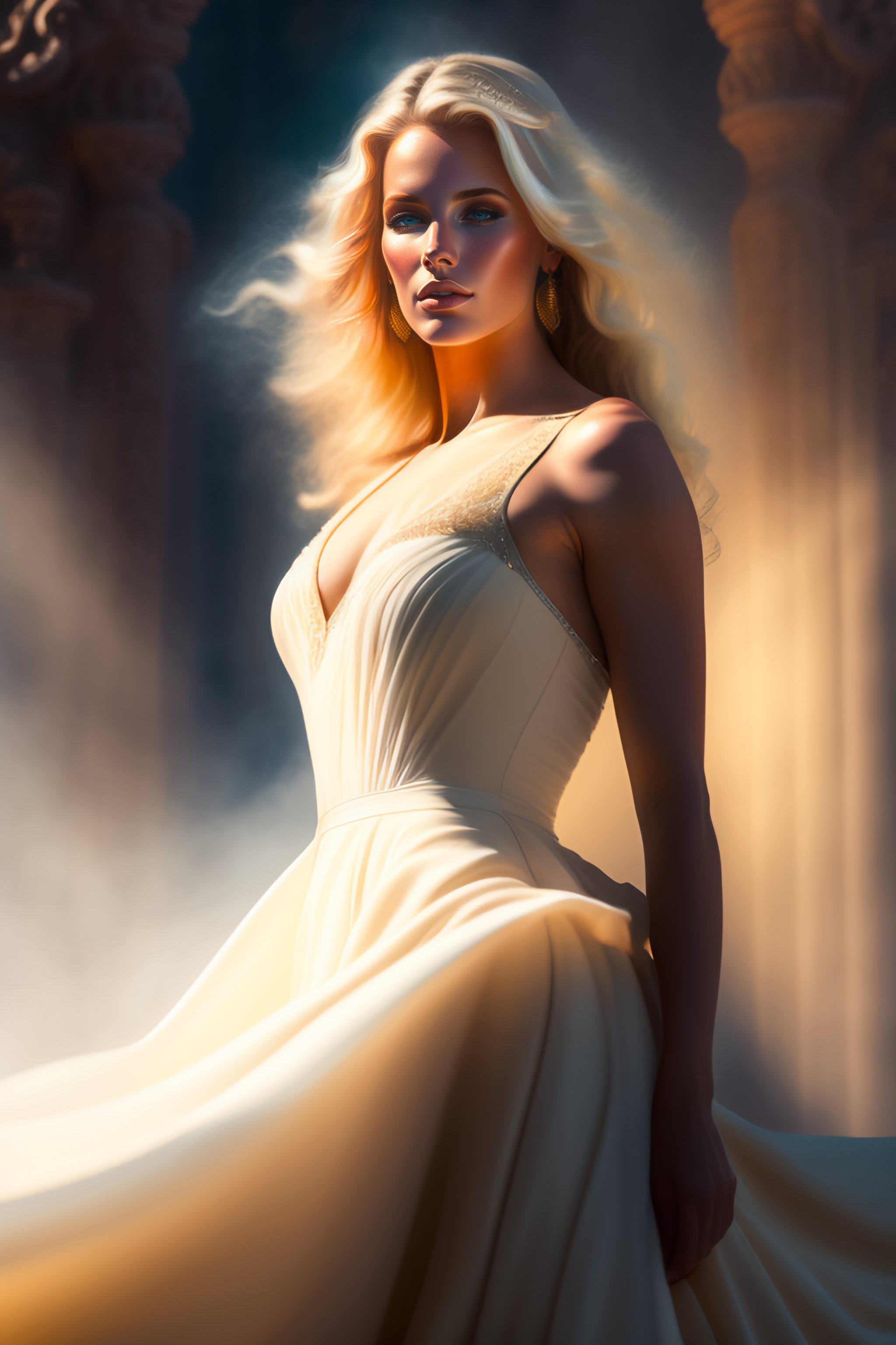 Lexica - Strong mid size blonde goddess stands proud and strong amidst rays of gentle iridescent ...