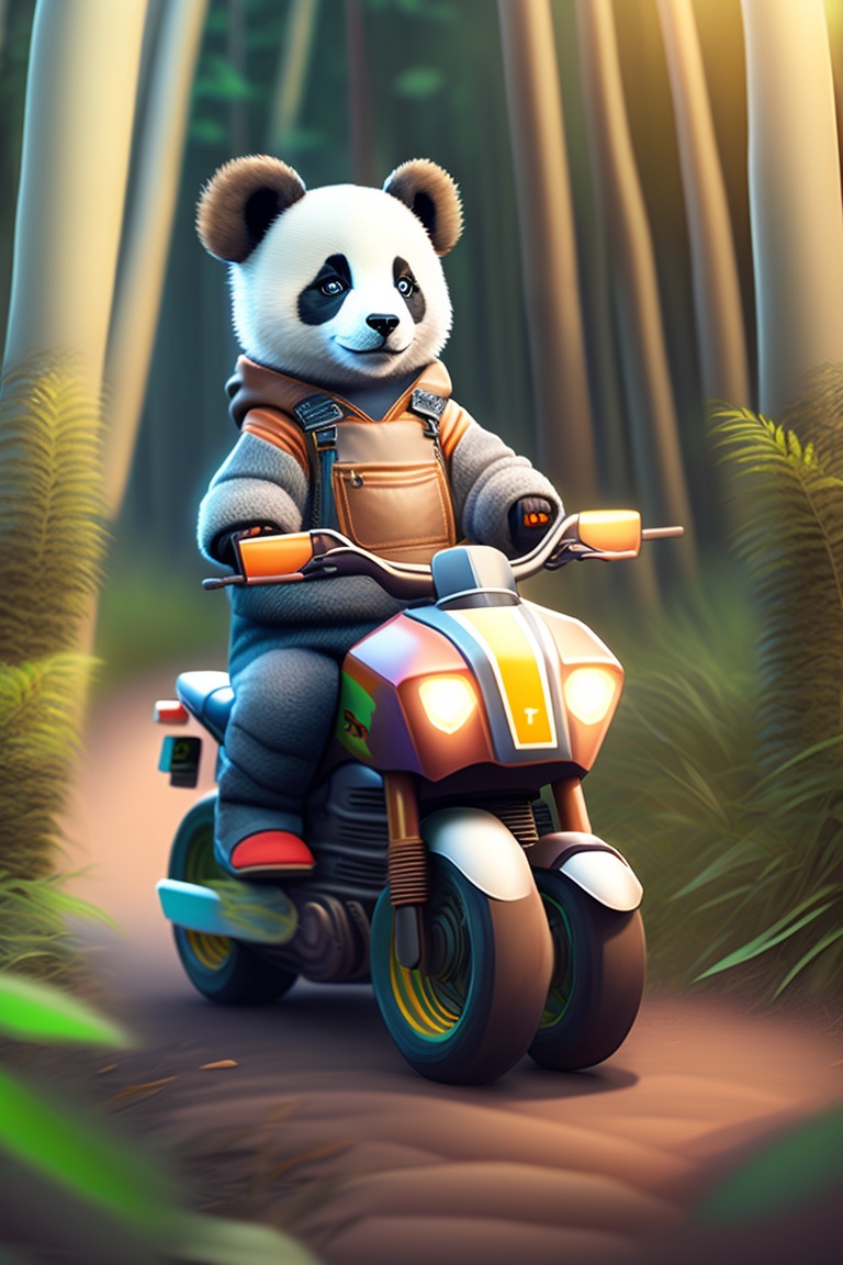 Lexica - Baby boy panda bear ride motorcycle in the thick bamboo forest ...