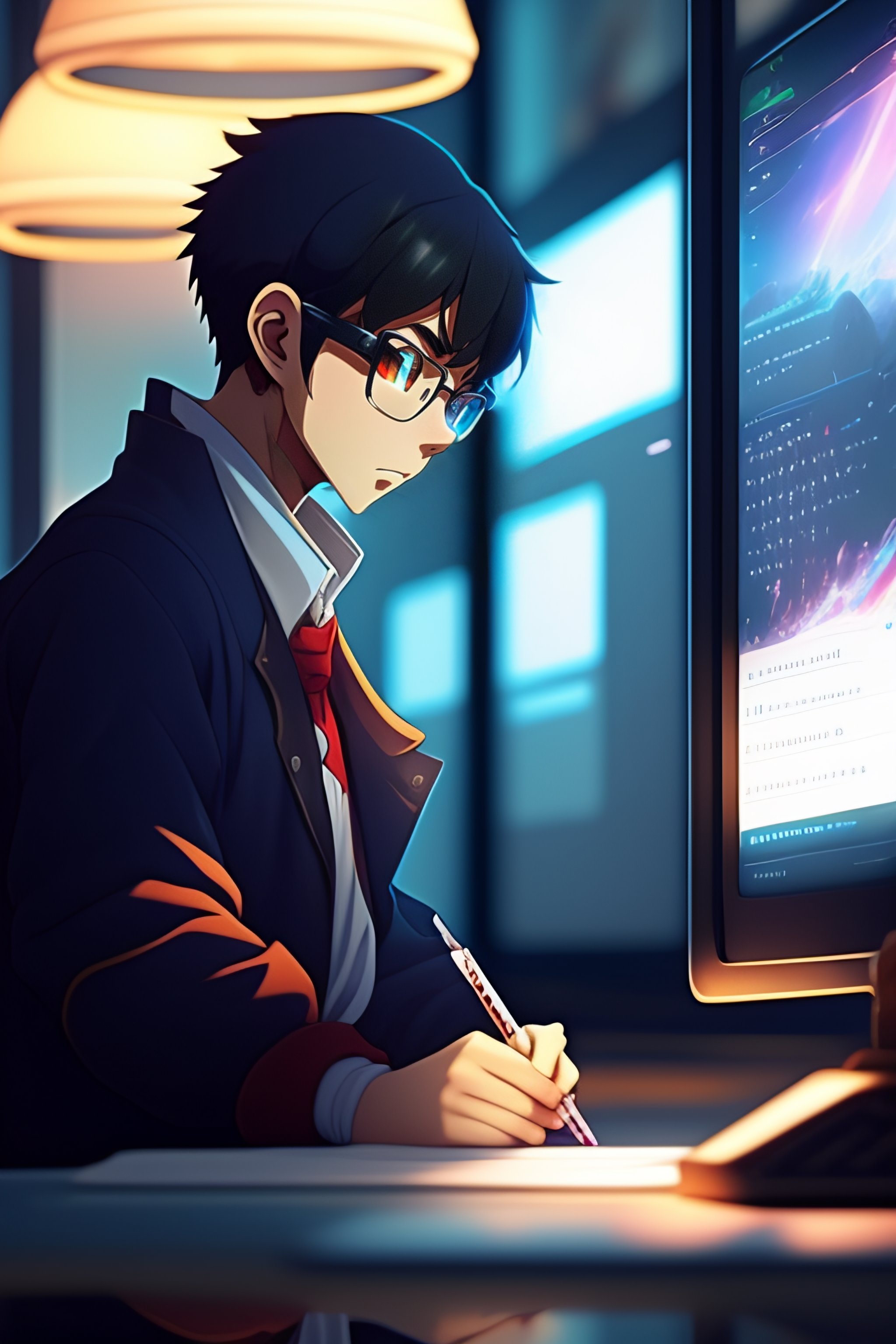 Lexica - A nerdy anime boy is planing his work on whiteboard in a room ...