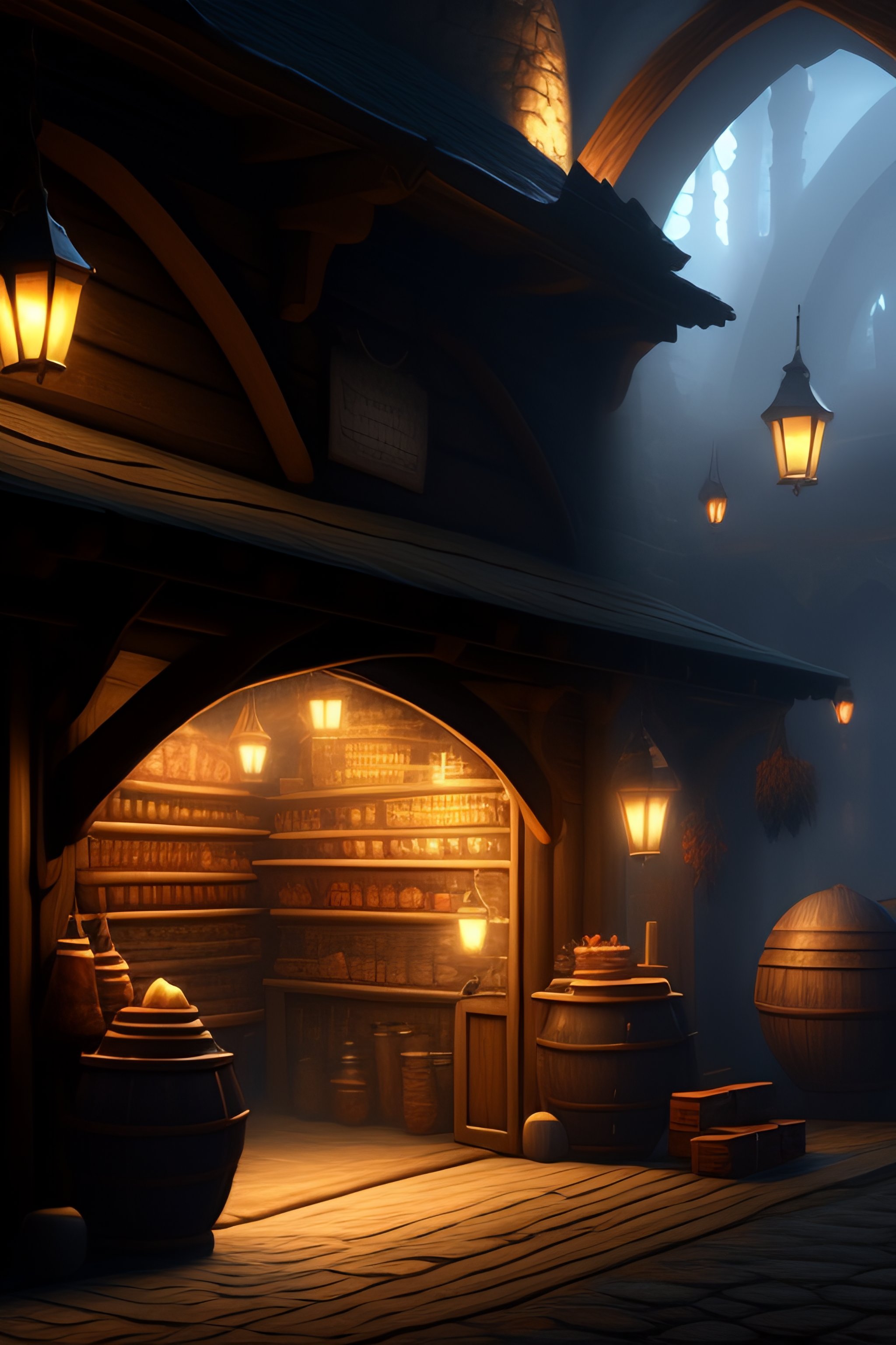 Lexica - Dimly lit medieval fantasy Merchants store, inside ...