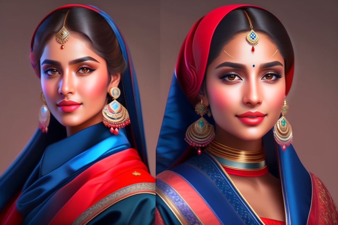 Lexica - Beautiful Pakistani girl with red suit and blue shawl, soft ...