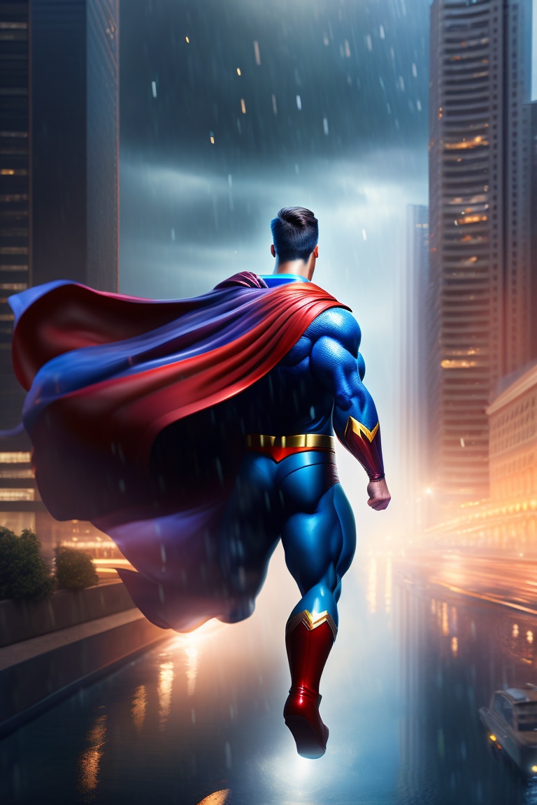 Lexica - Superman floating above the City, rainy night, realistic art ...