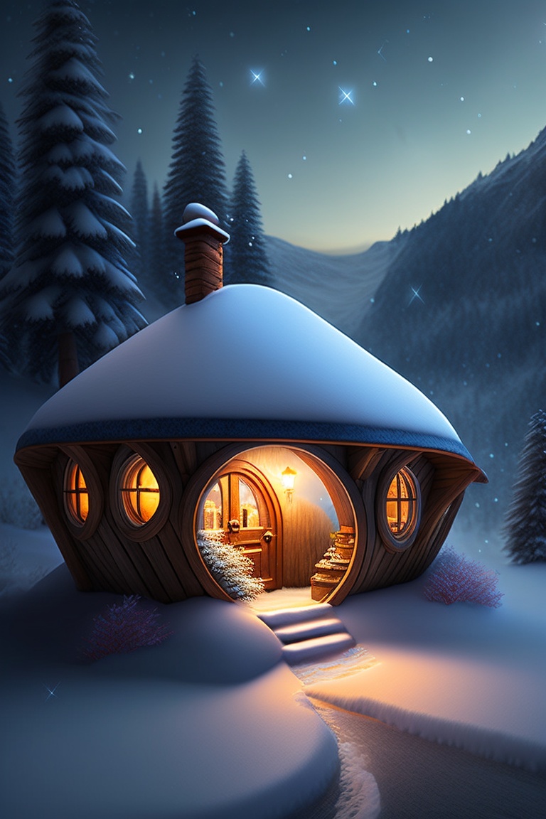 Lexica - A hobbit village with many home in winter with snow, at night ...