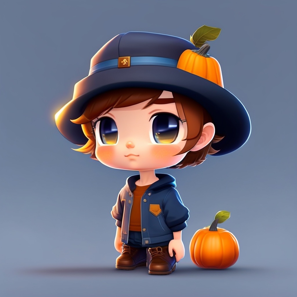 Lexica - A chibi man, cute, wearing a navy blue shirt, pumpkin hat ...