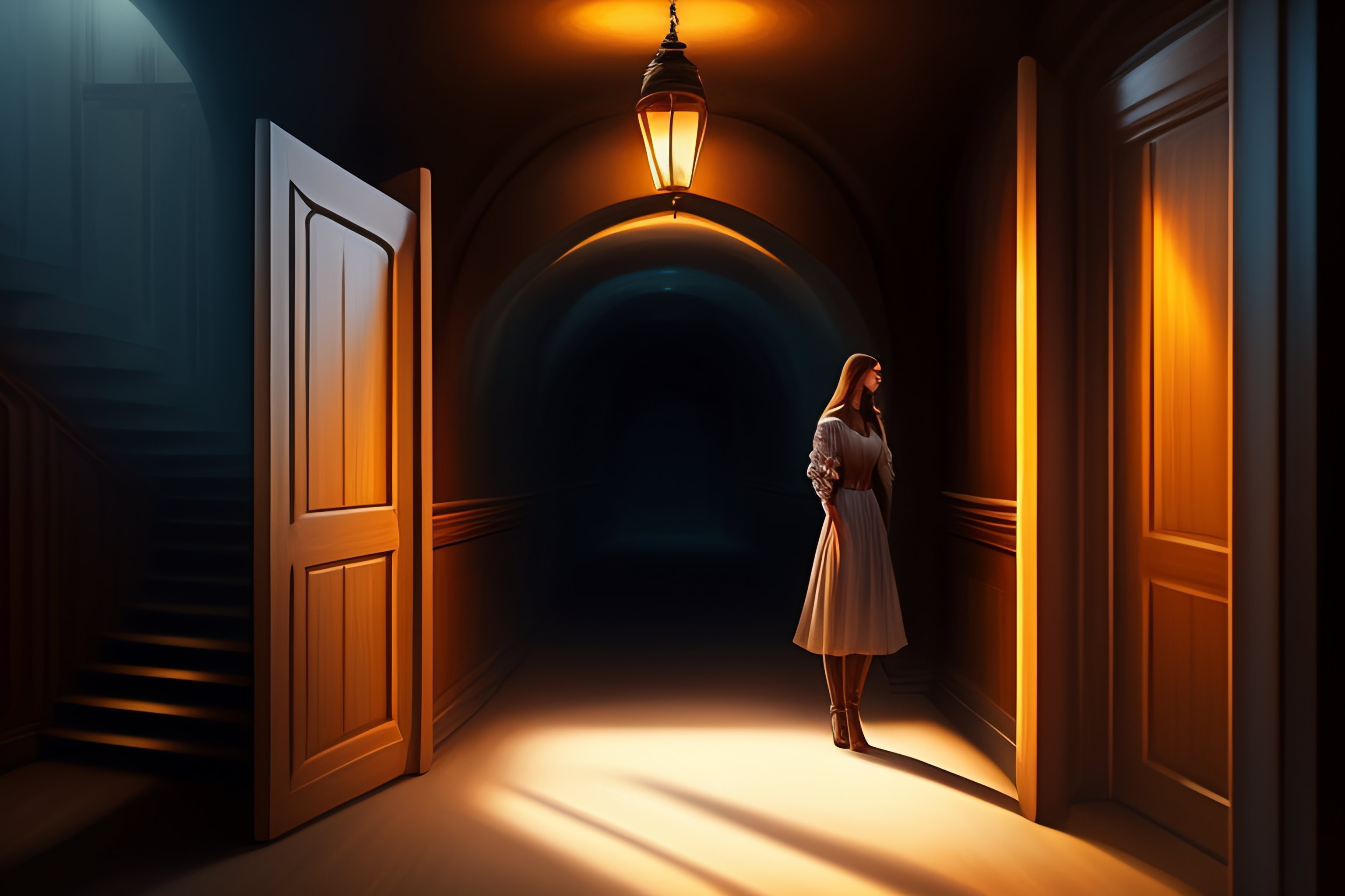 Lexica - Woman standing in a cellar corridor with doors on the left and ...