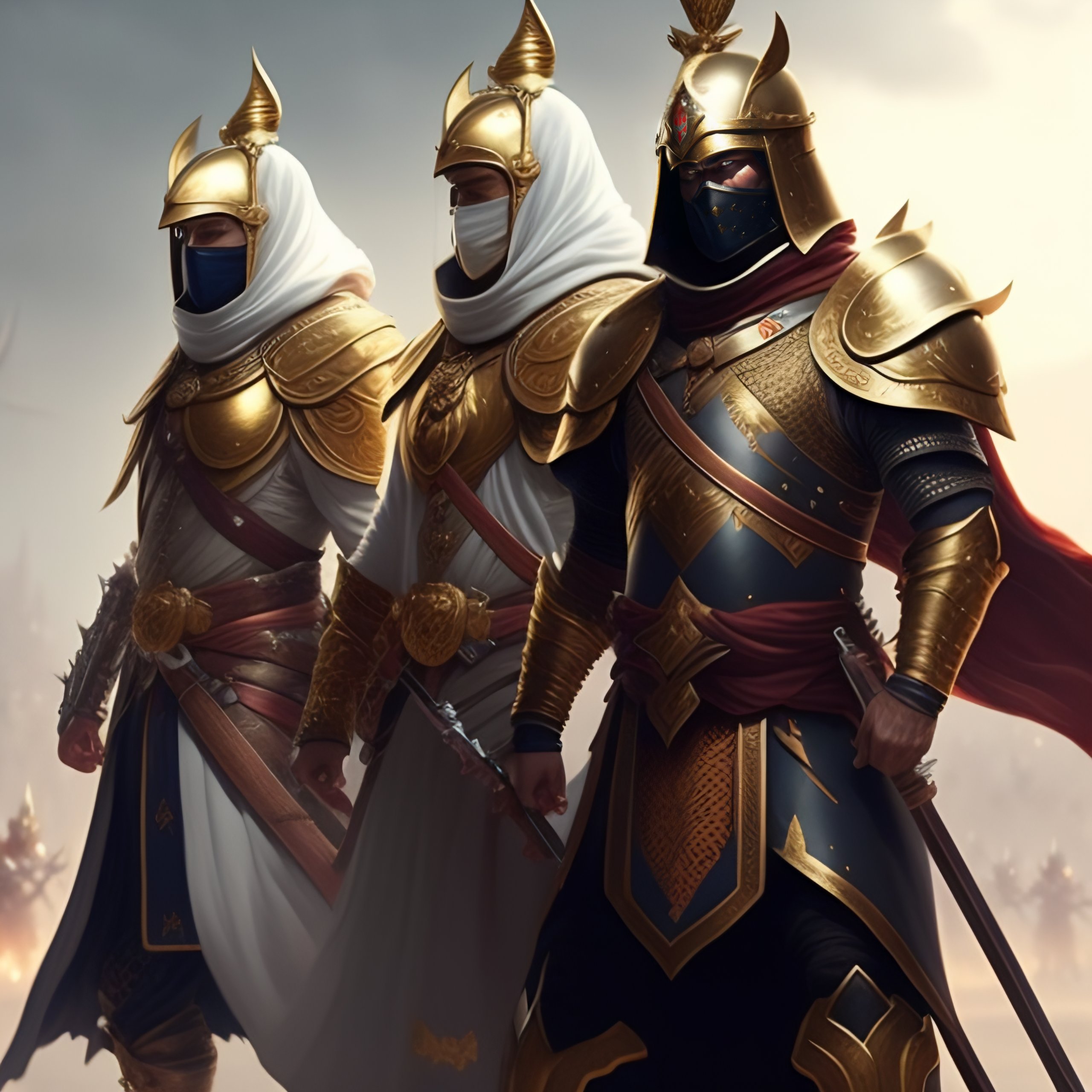 Lexica - A group of warriors in golden Full plate Armour with white ...