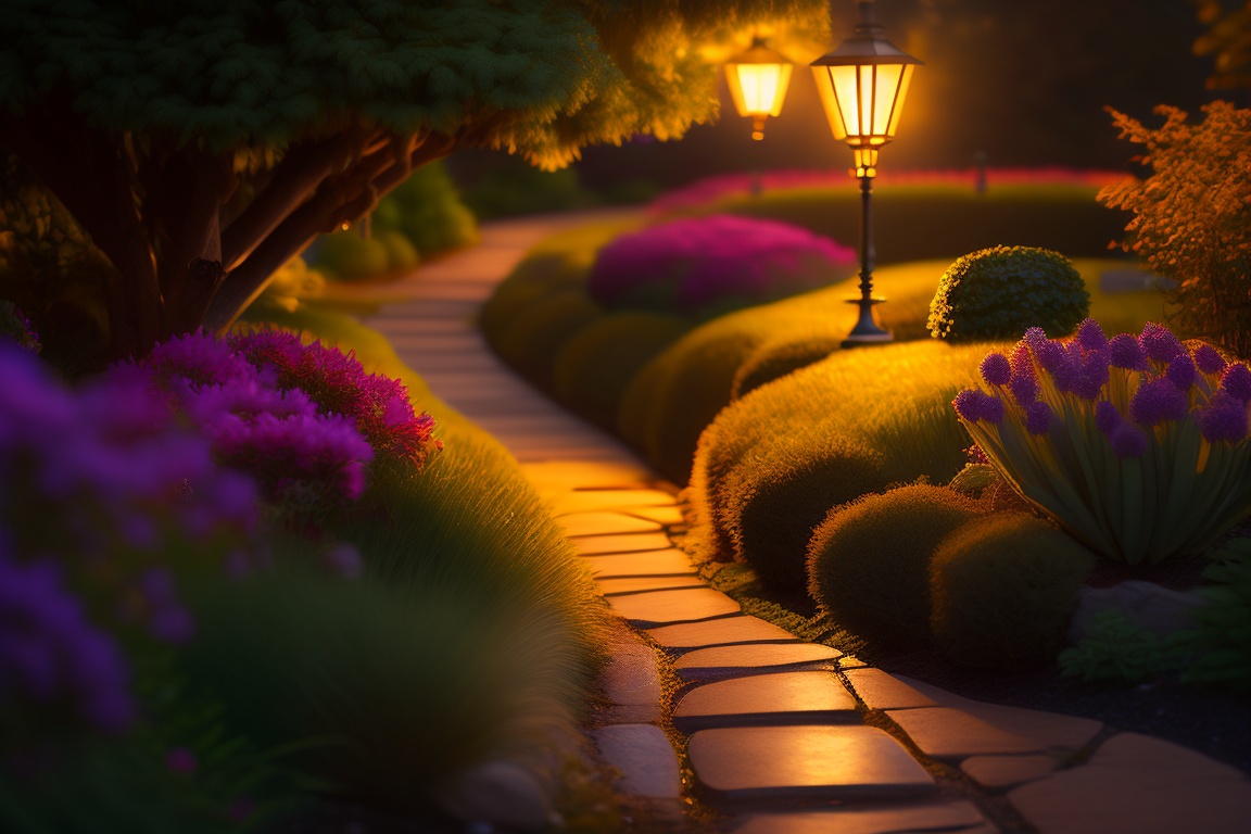 Lexica - A picturesque garden pathway illuminated by soft, warm ...