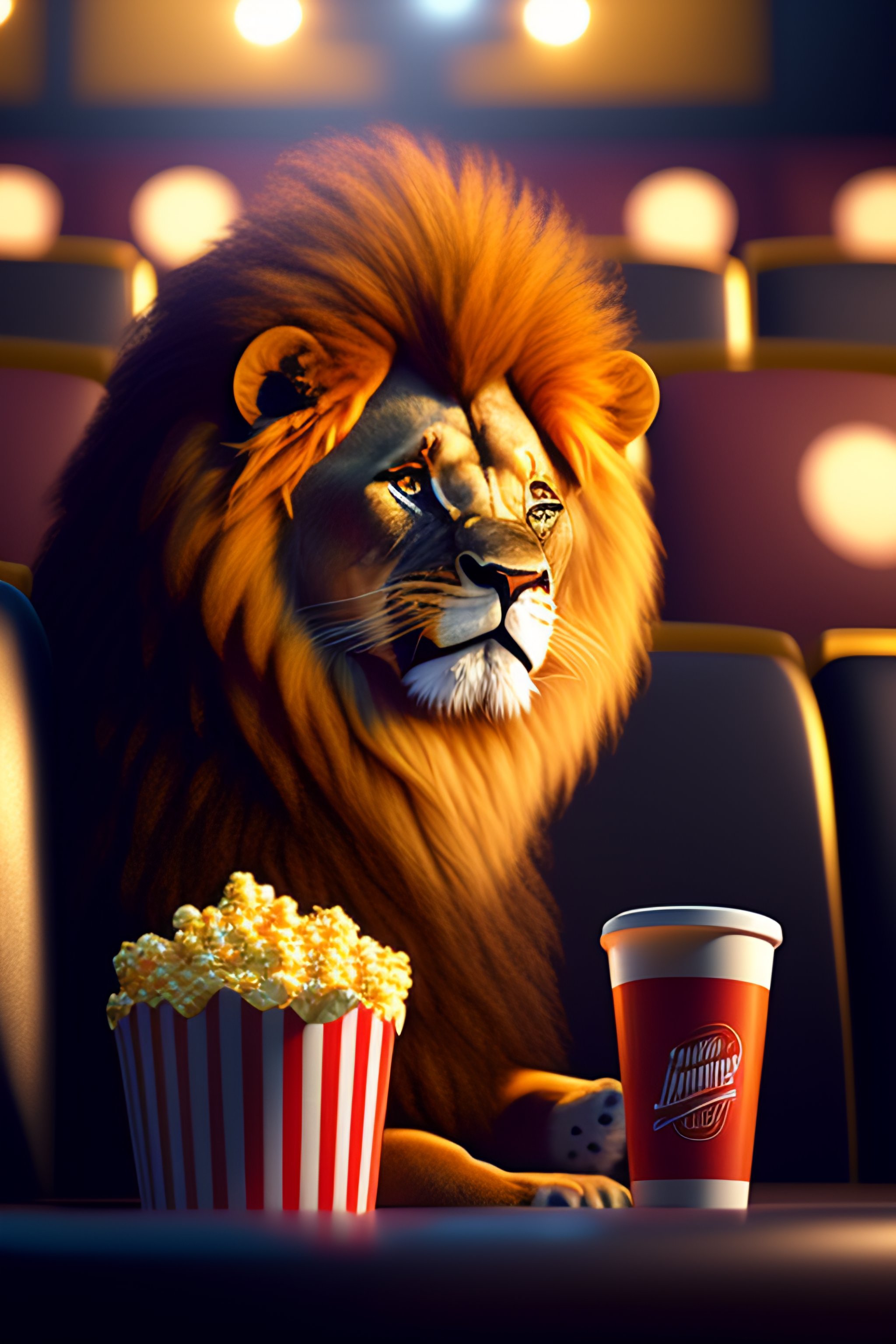 Lexica - Cute little humanoid lion sitting in a movie theater eating ...