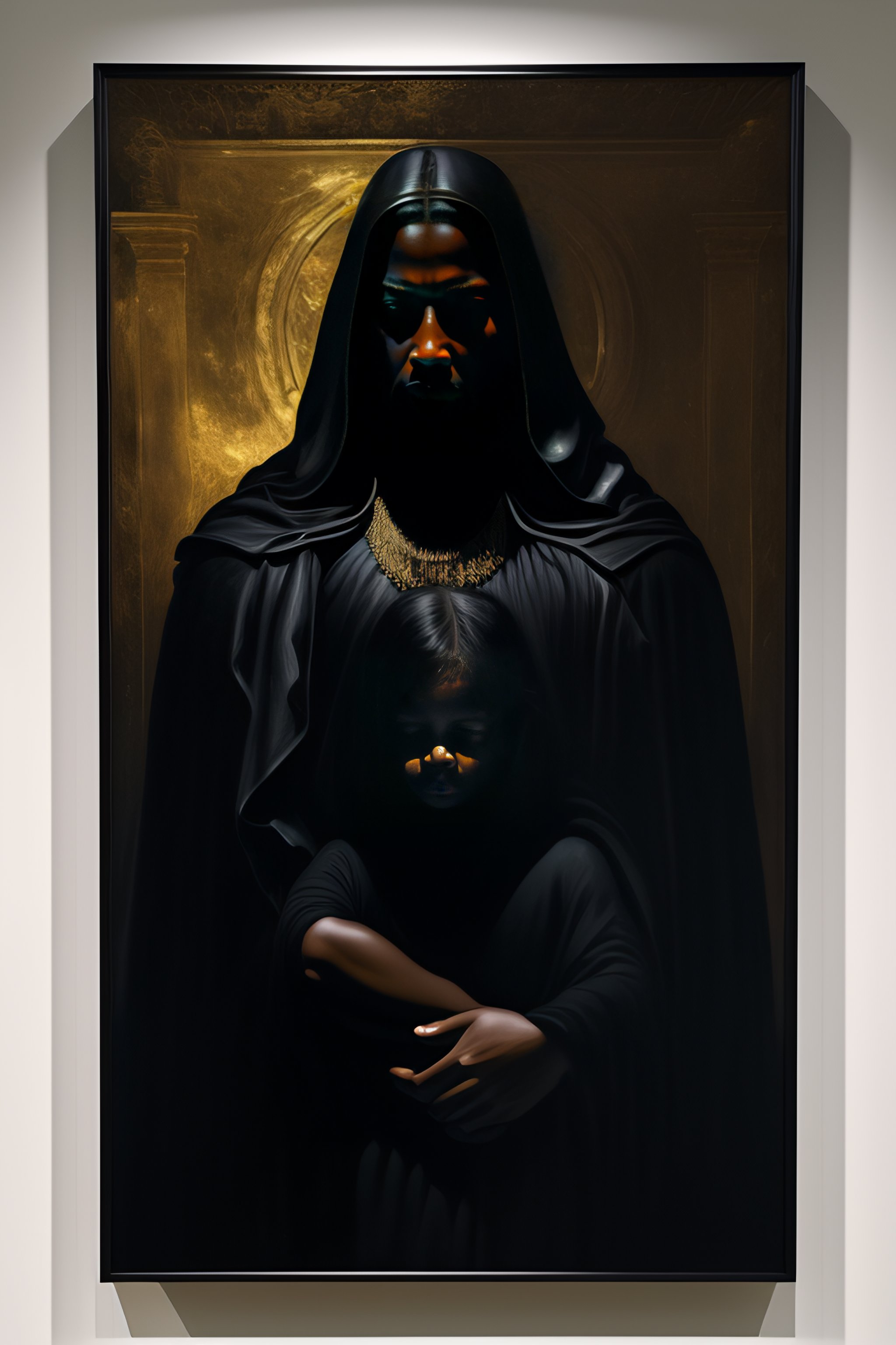 Lexica - The mixed mediart shows a the large, black-clad figure of the ...