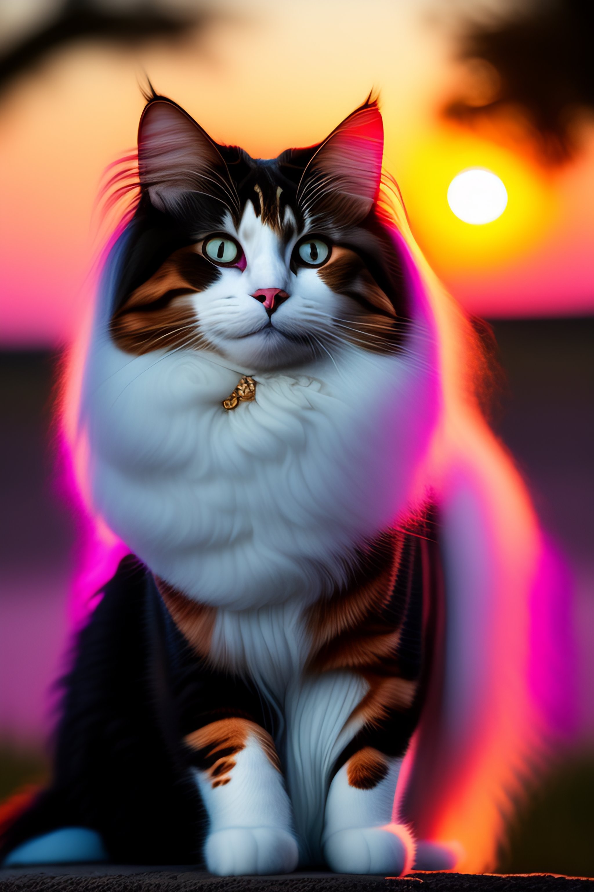 Lexica - A pink longhaired cat watching the sunset