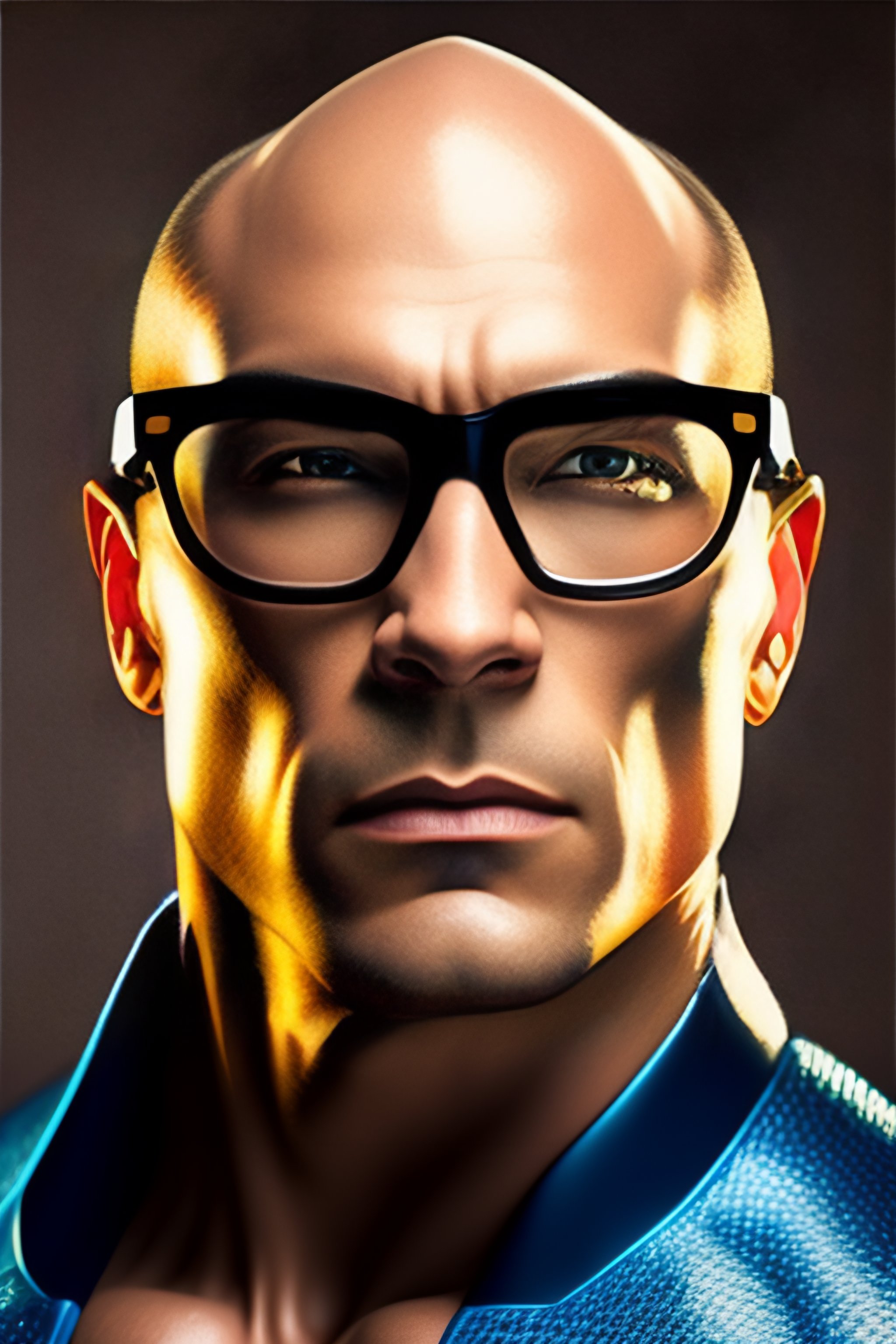 Lexica - Picture of bald muscular superhero with glasses