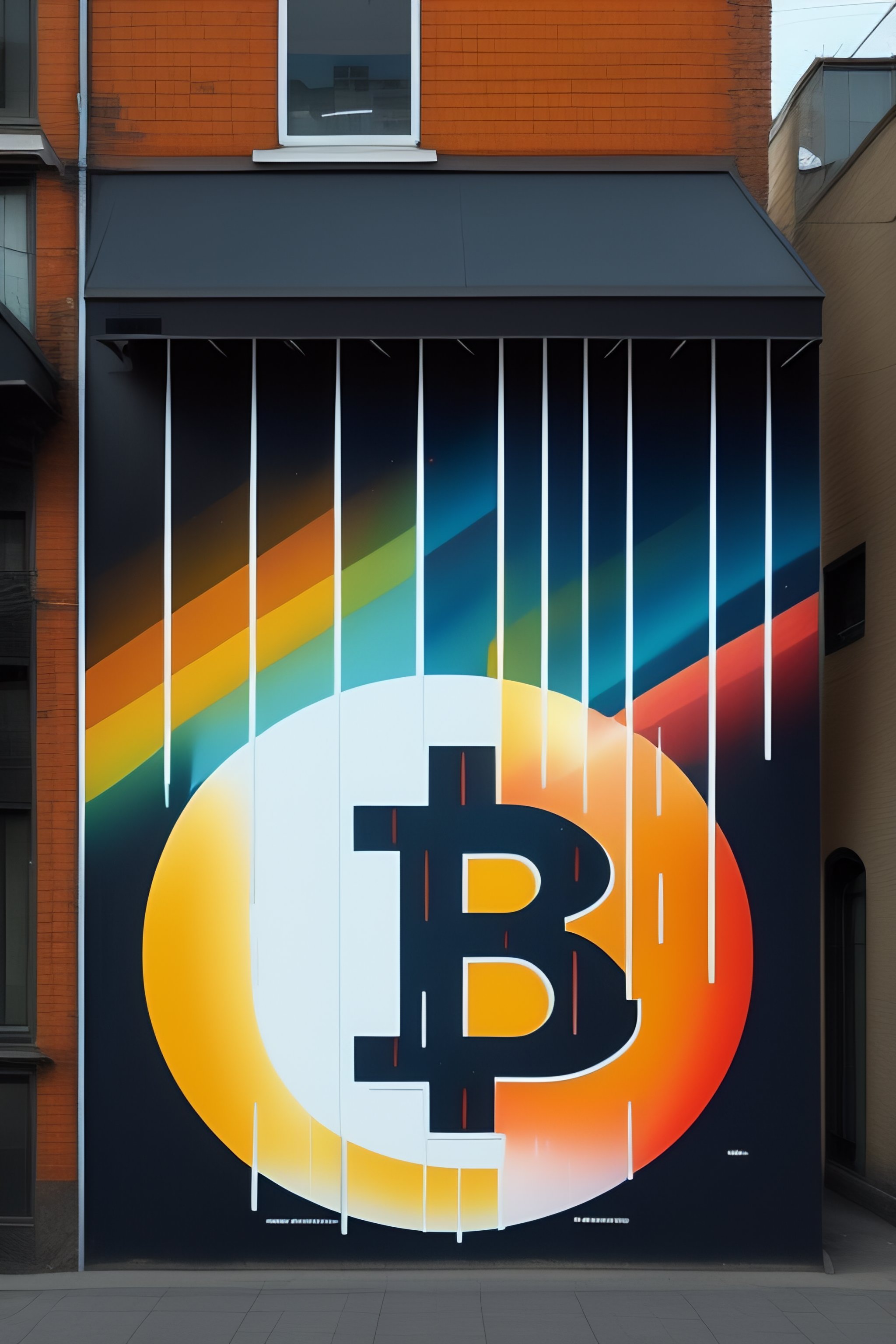 Lexica - Create a bitcoin logo on a white wall in a downtown city area ...
