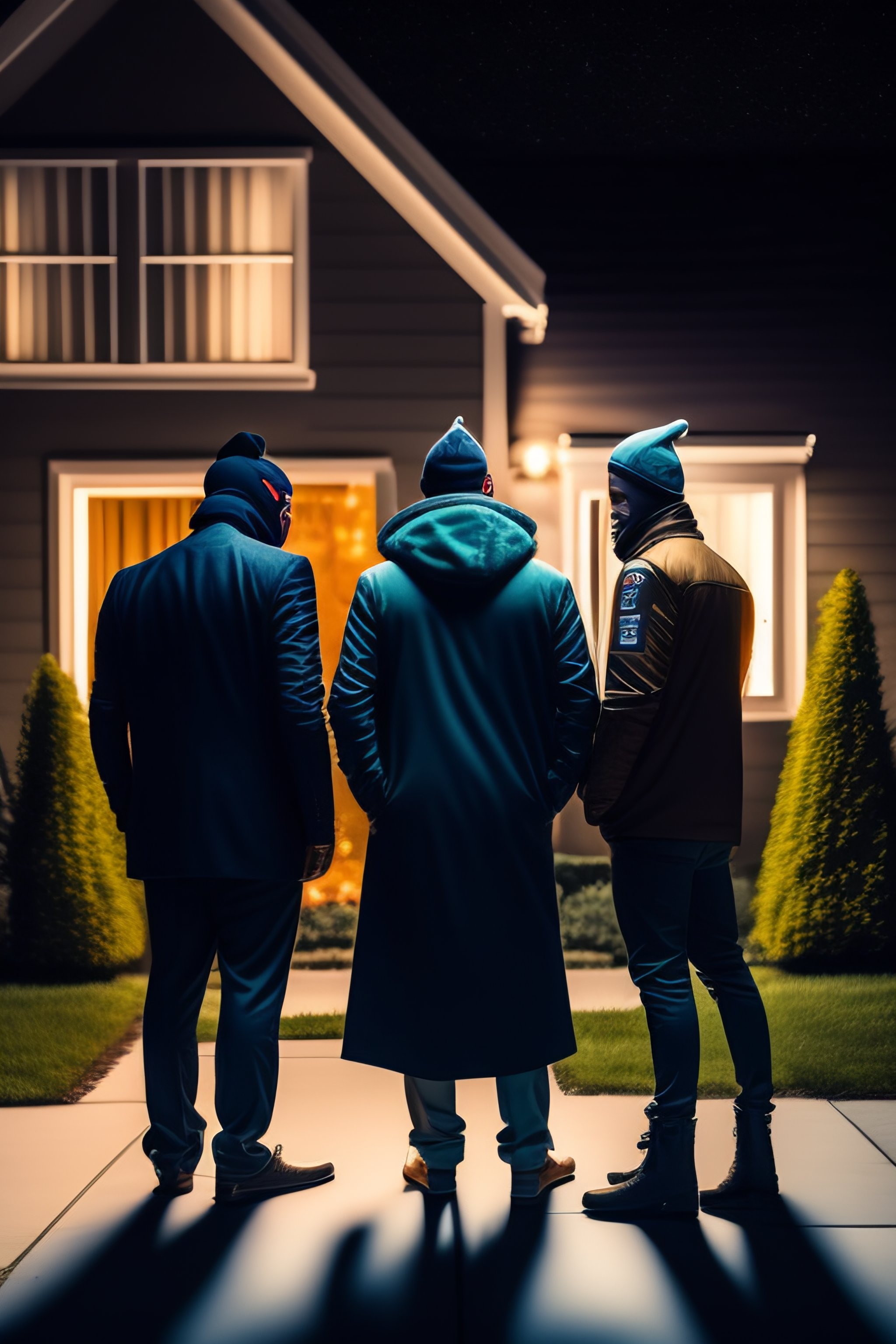 Lexica - Three guys standing in front of a house, horror, night, masked ...