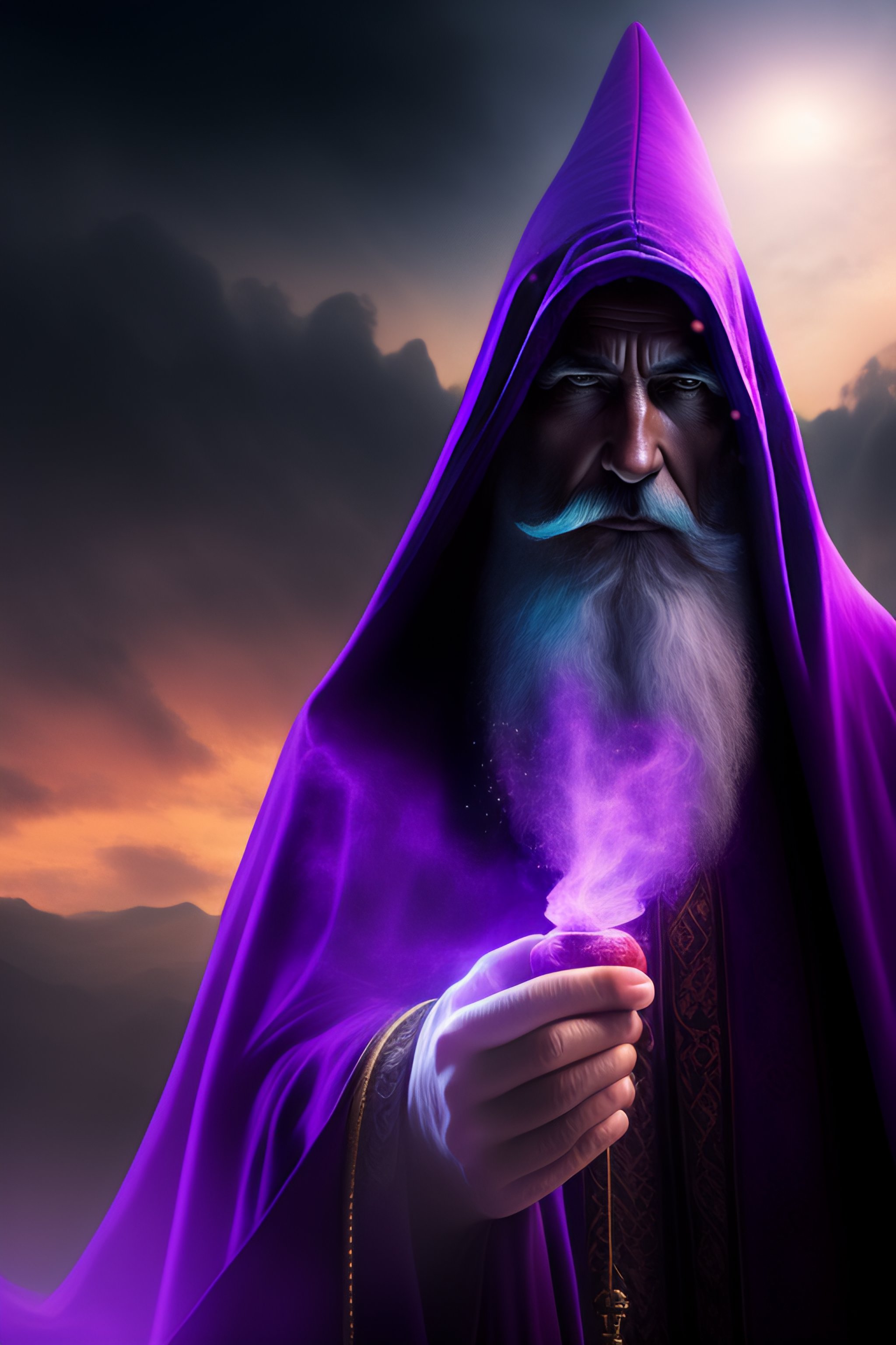 Lexica - A purple cloaked wizard casting a spell. The image size should ...