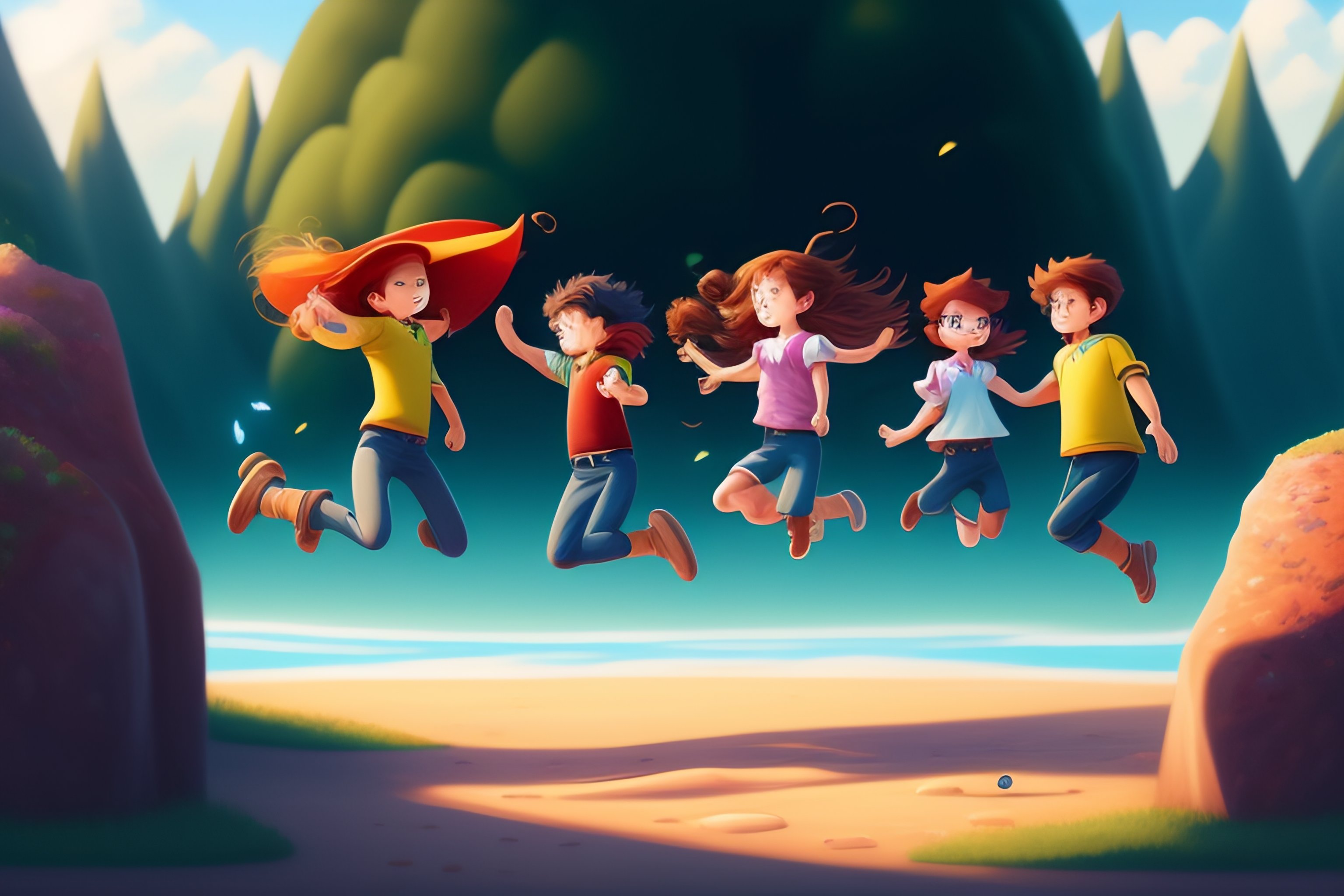 Lexica - A view of the magnificent nature with happy girls and boys ...