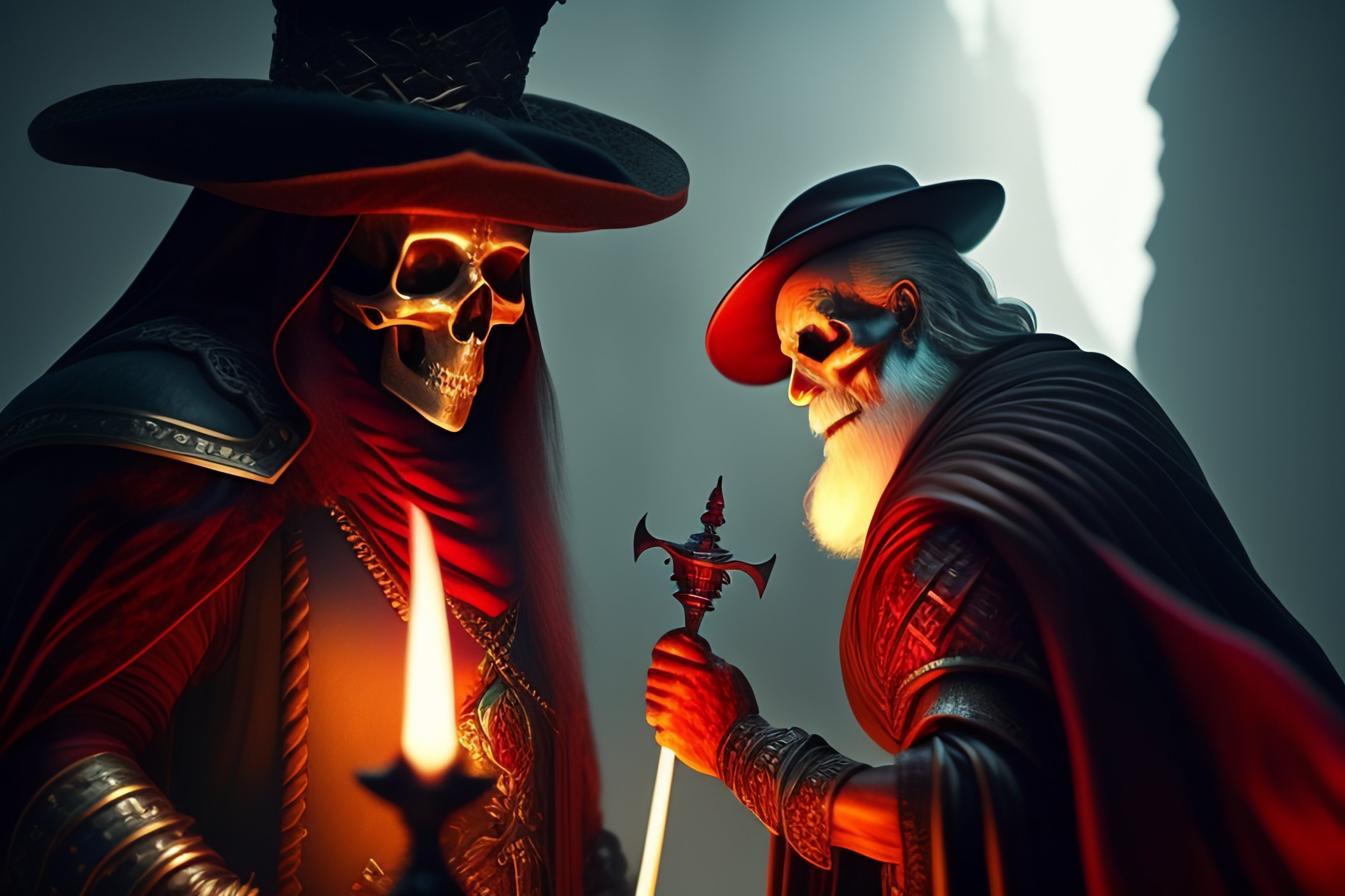 Lexica - Dark old wizard throwing red spells to a skeleton warrior ...