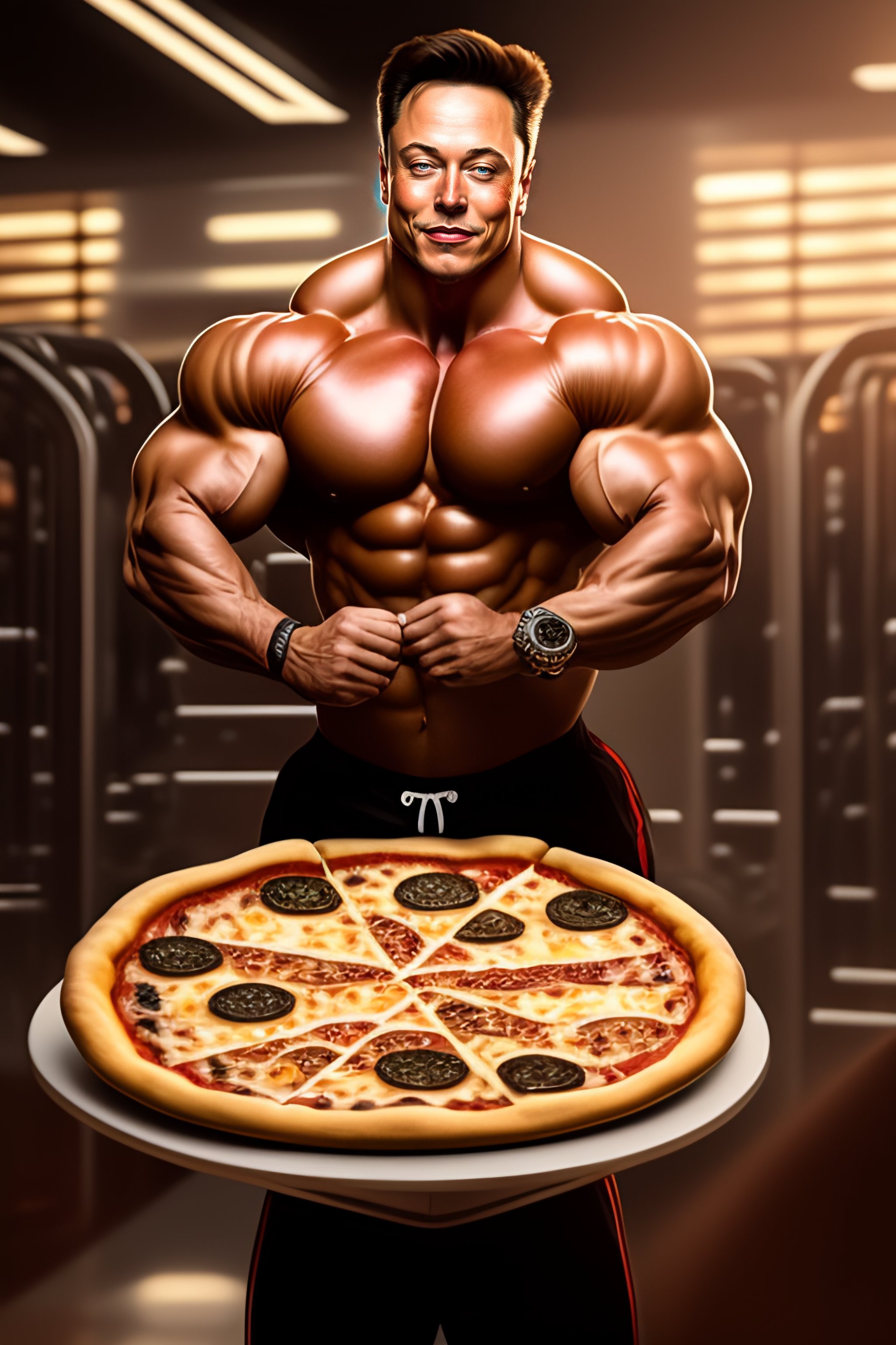 Lexica - Bodybuilder elon musk lifting pizza at the gym, realistic ...