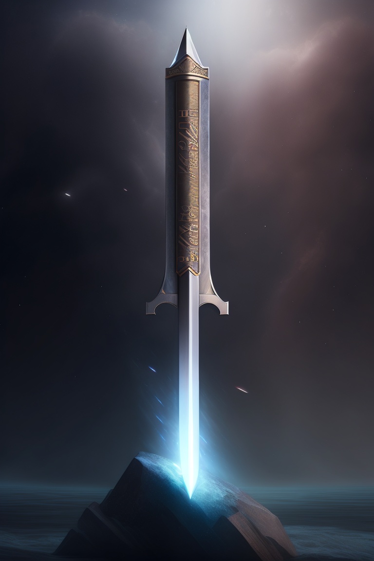 Lexica - The sword Excalibur is stuck in a rusty basalt rock, on the ...