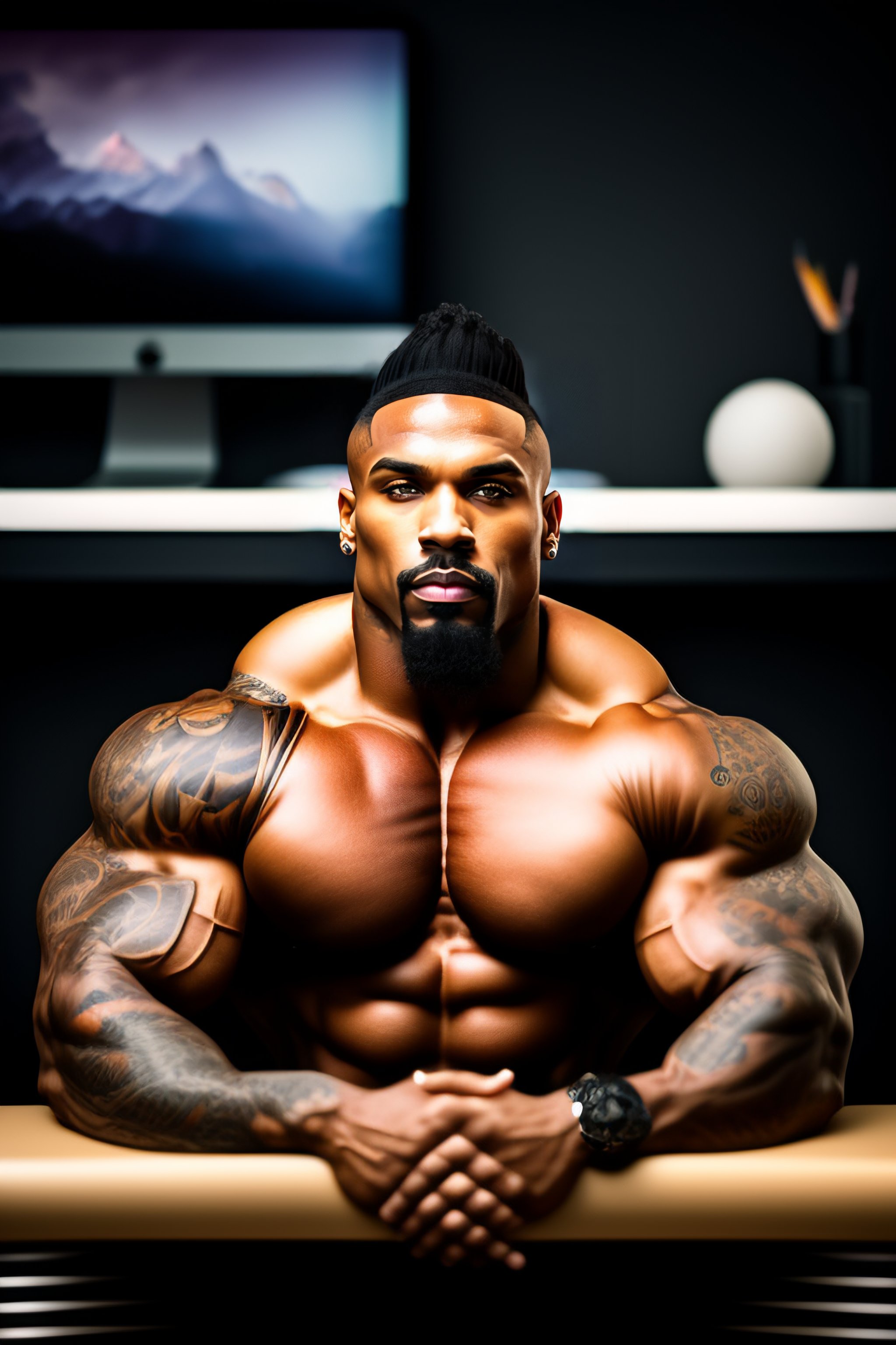 Lexica - Tattooed bodybuilder sitting behind a desk serm from behind