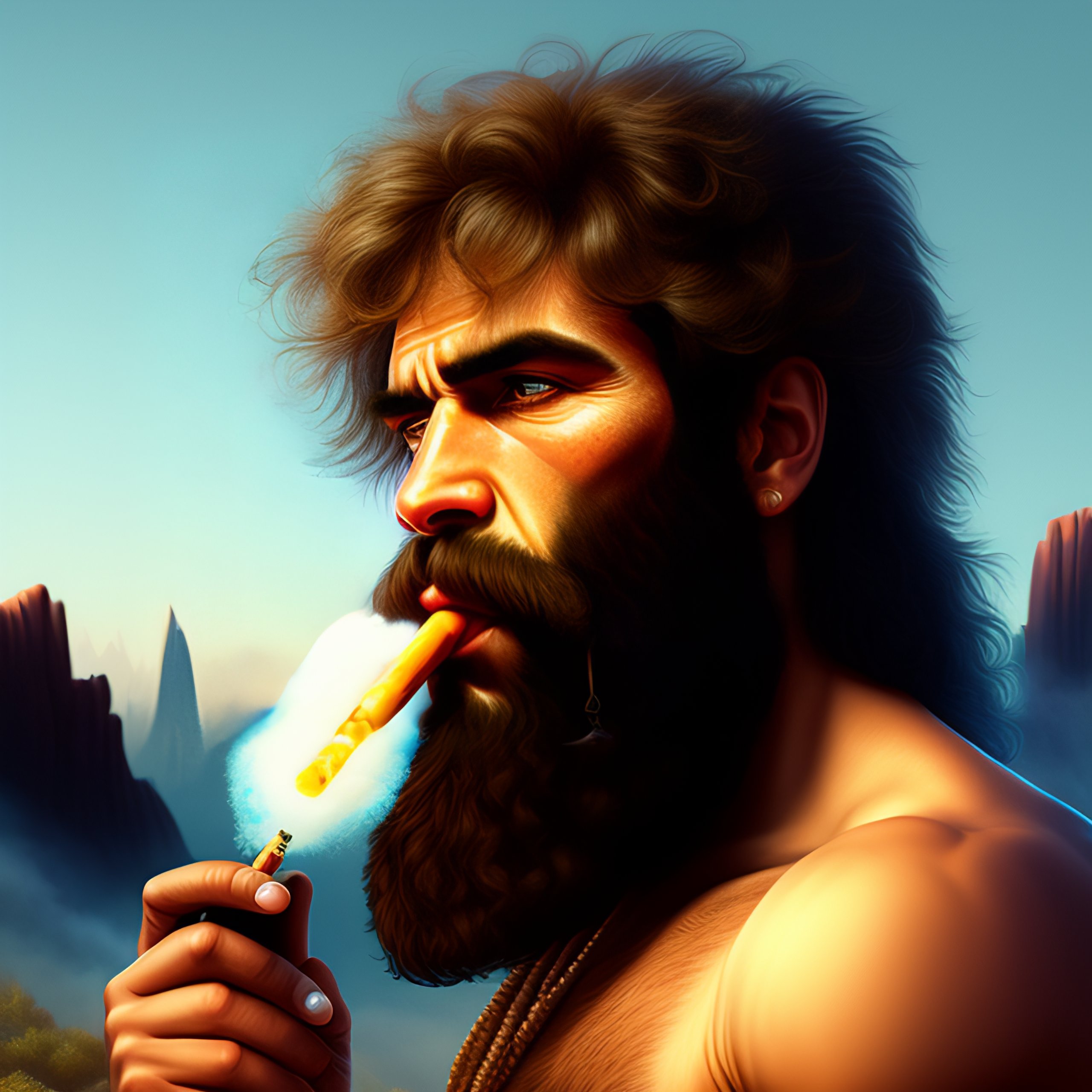Lexica - Illustration of a caveman smoking a joint hyper detailed