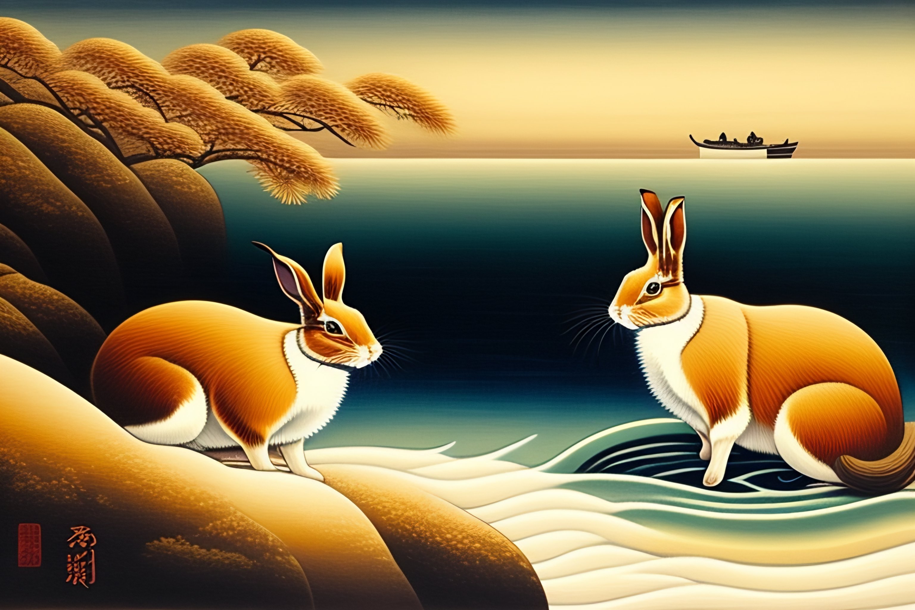 Lexica - Rabbits Frolicking in the Waves by Kano Osanobu japanese ...