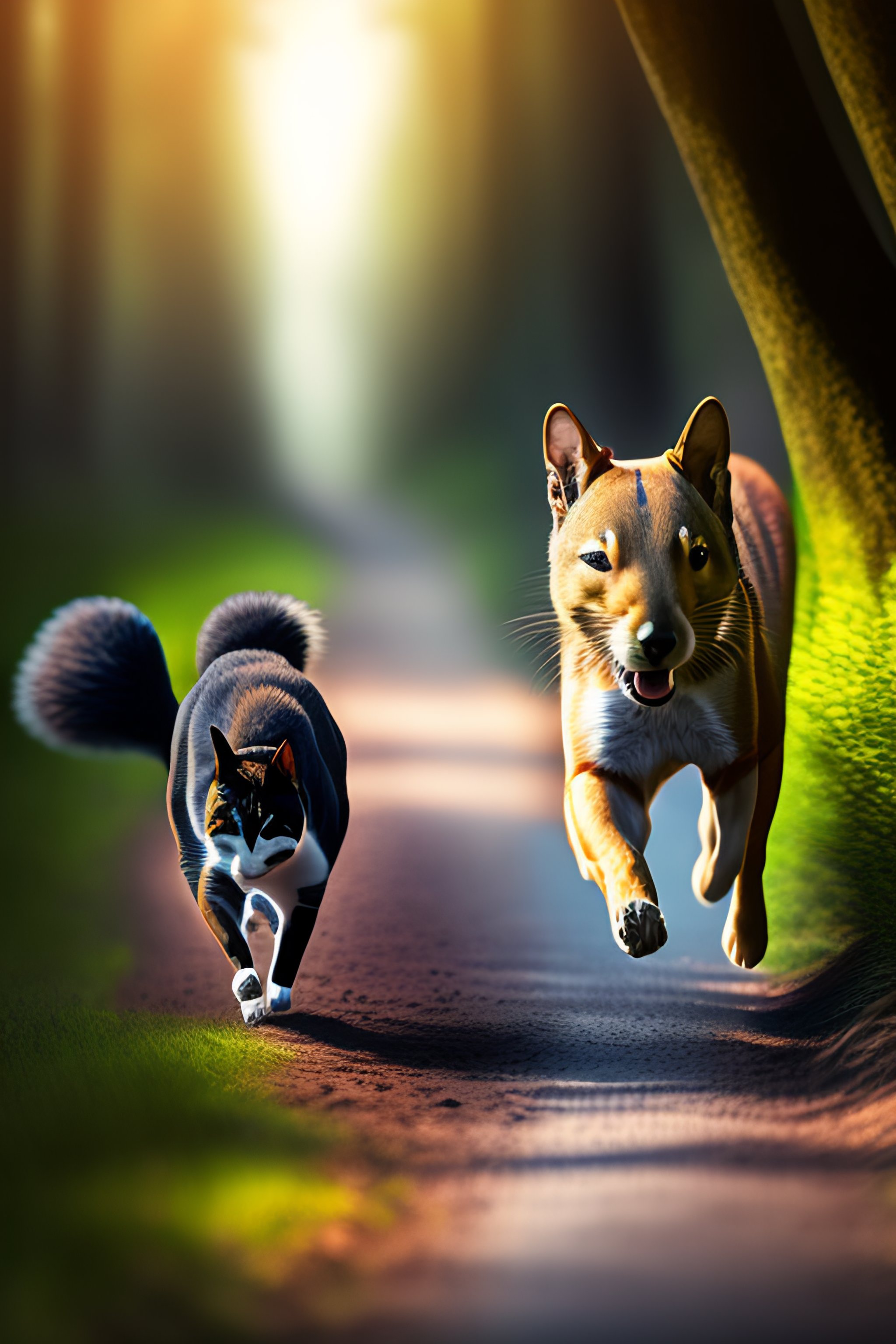 Lexica - A cat and dog running through the woods chasing a squirrel