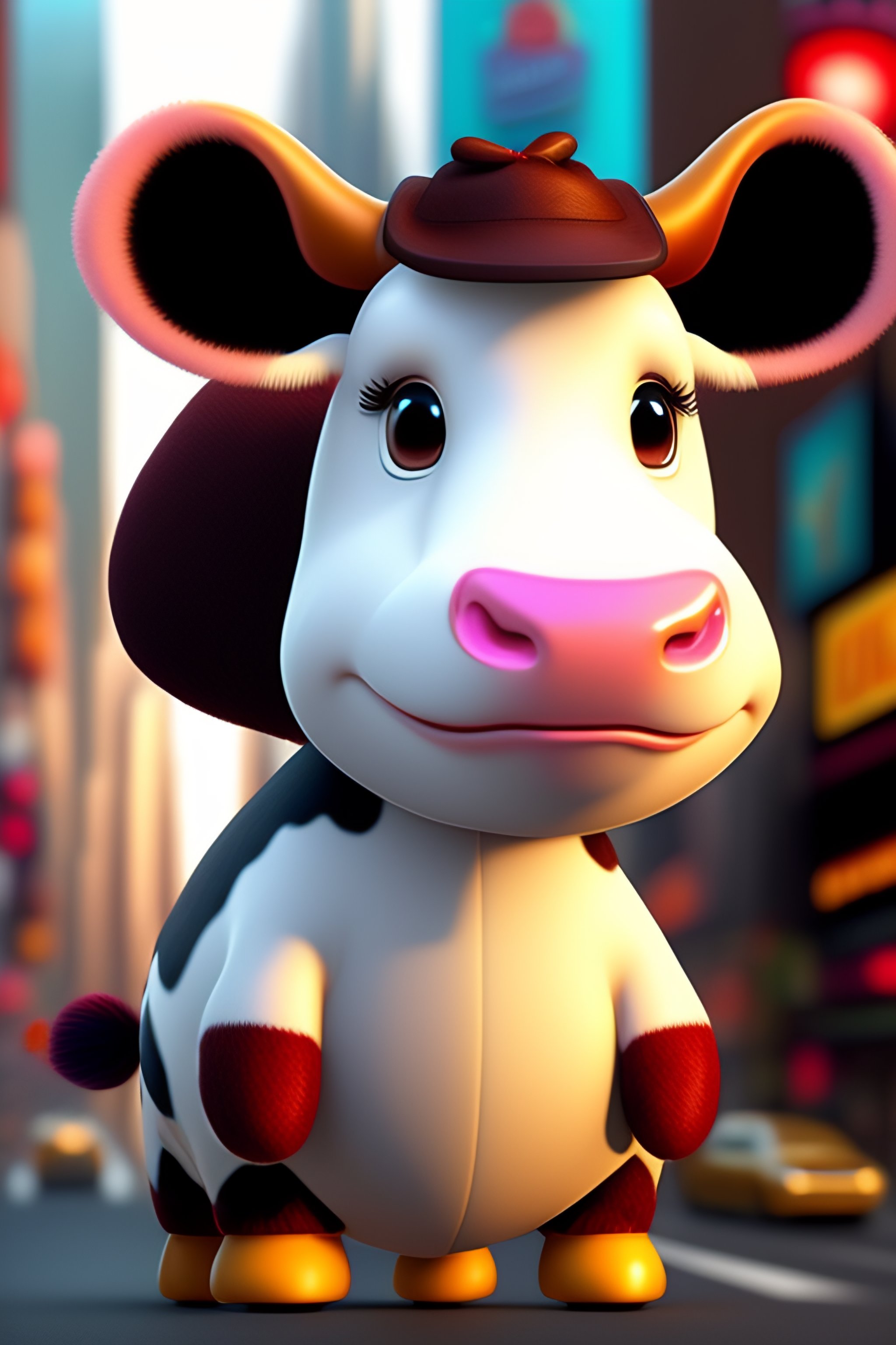 Lexica - Una niña, stuffed cow, sonrisa, times square, Looney Tunes style