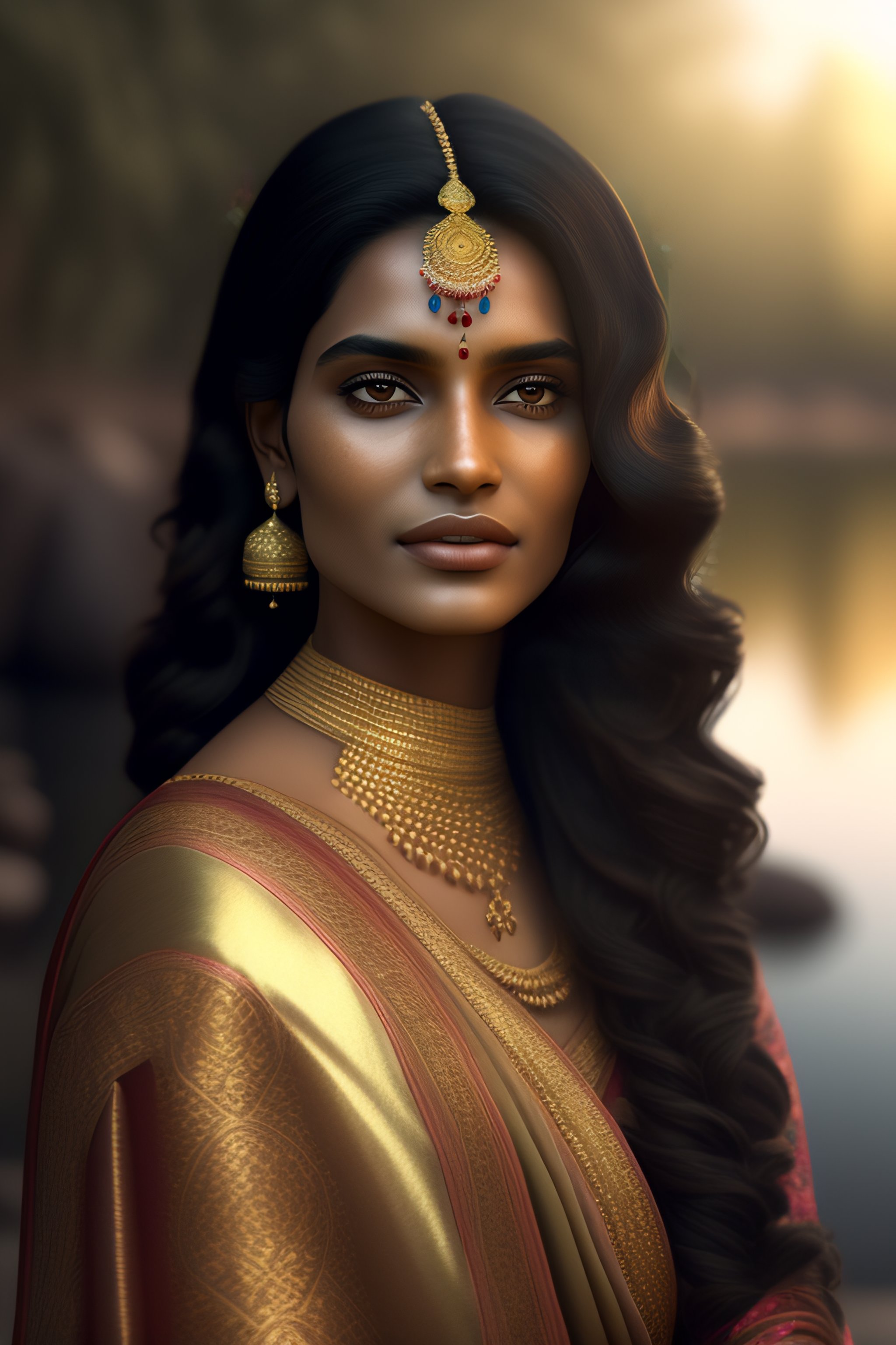 Lexica - Portrait of 1 pure young India woman, standing by a river in ...