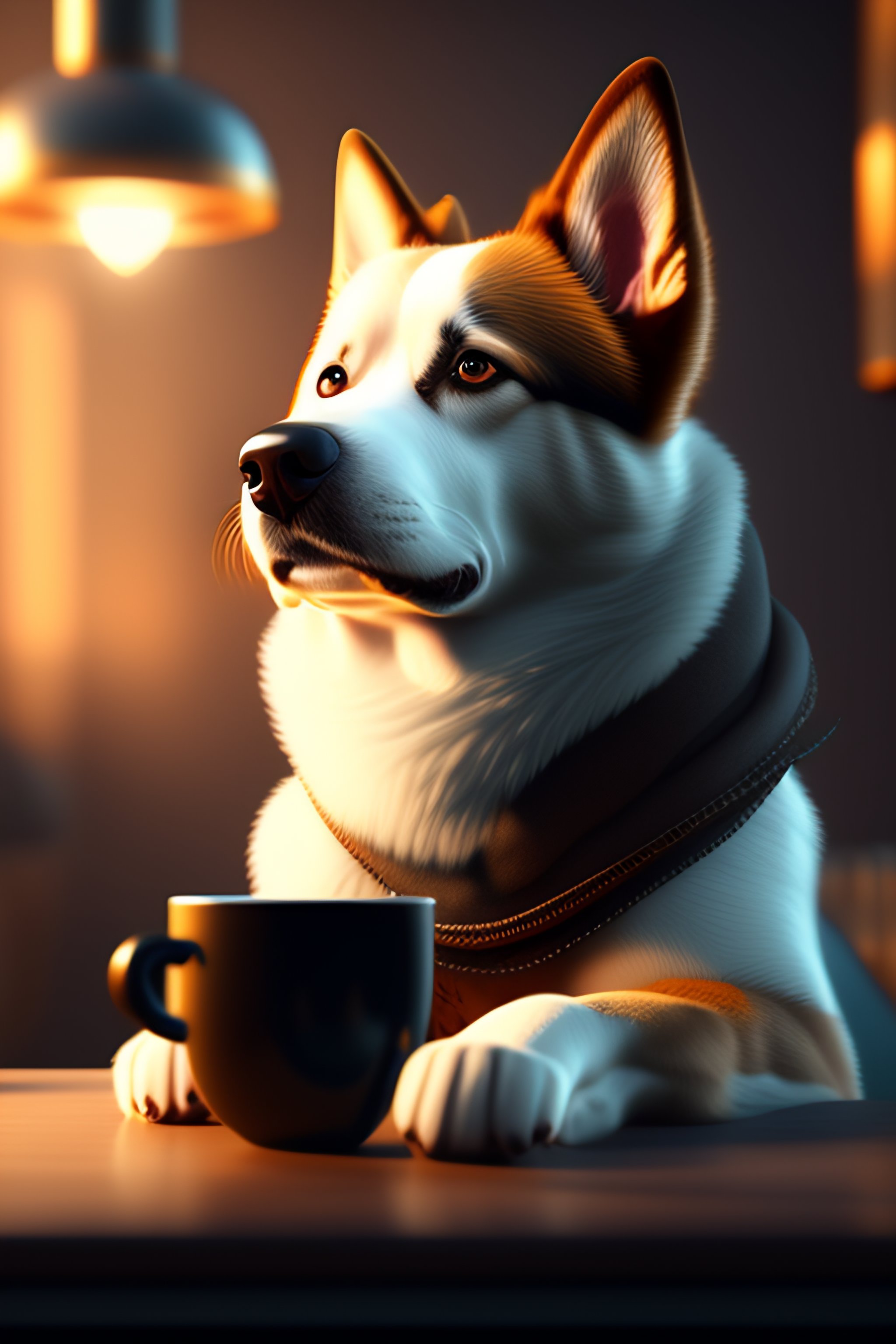 Lexica - Furry dog drinking coffee, cinematic lighting, hyper detailed, furry art style