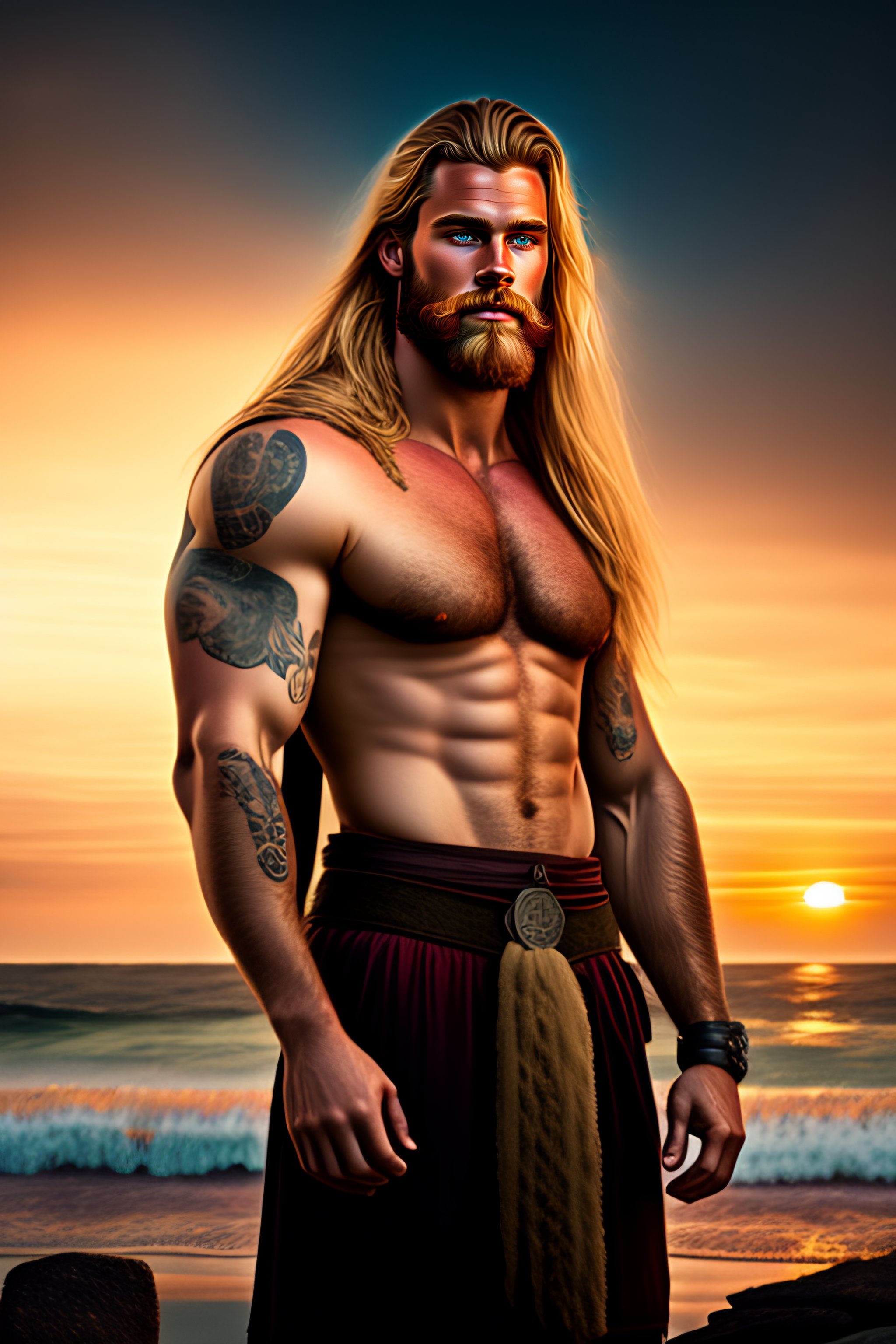 Lexica - Handsome viking hunk, blond, long hair, beard, looking at viewer, rugged, no armor ...