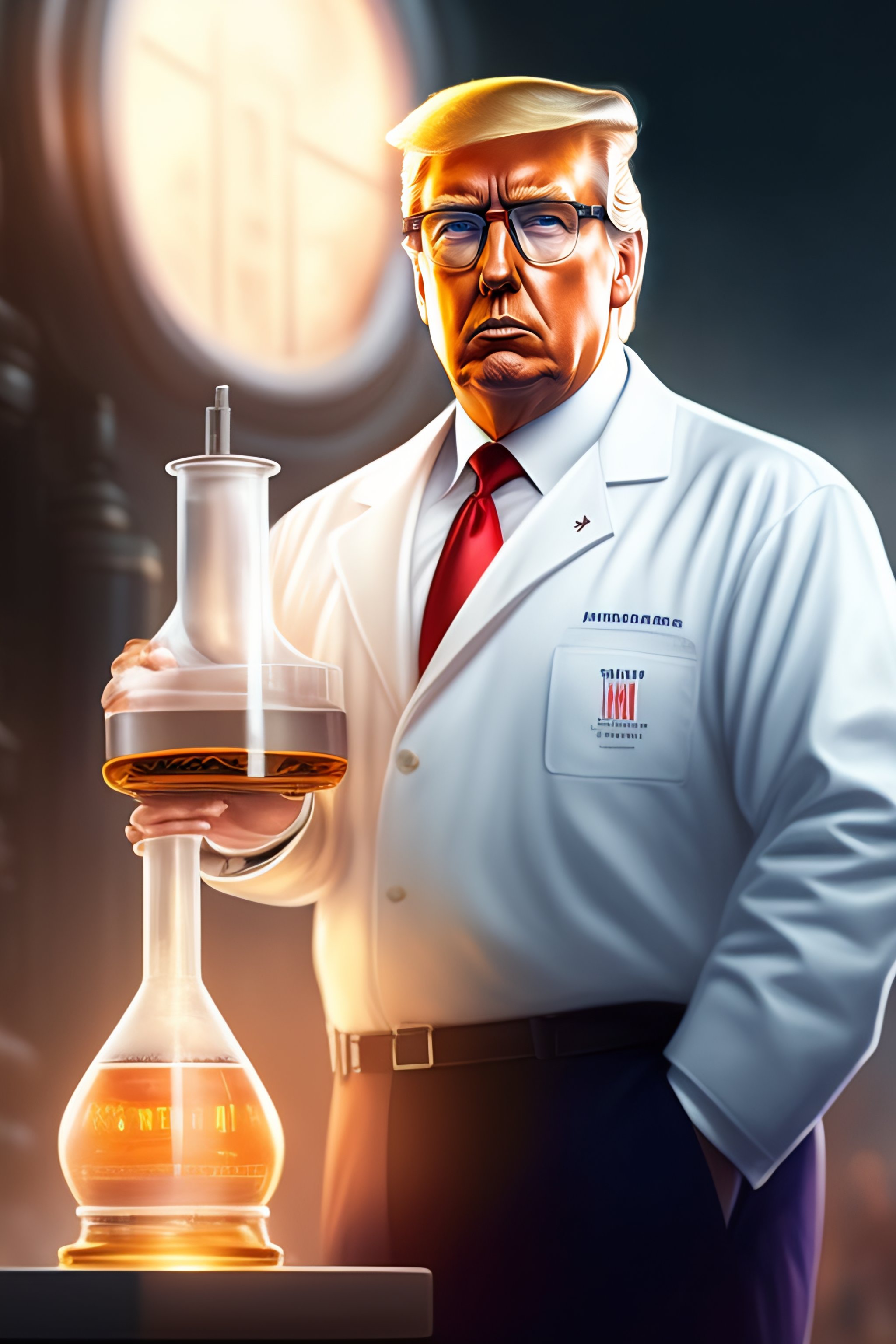 Lexica - Donald Trump holds a ehrlenmeyer flask at eye level, wearing a ...