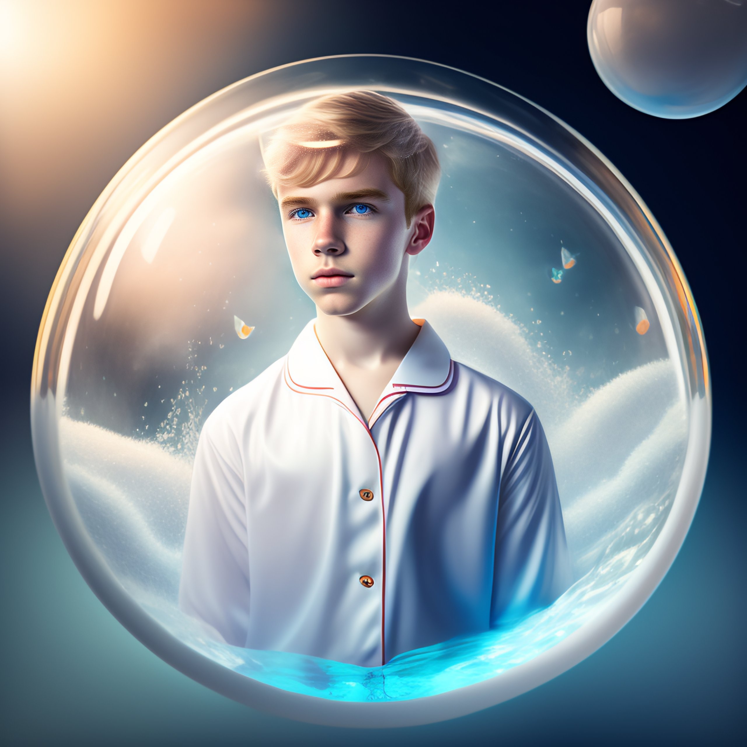 Lexica - A pale blonde teen boy in white pijamas floating inside a ...