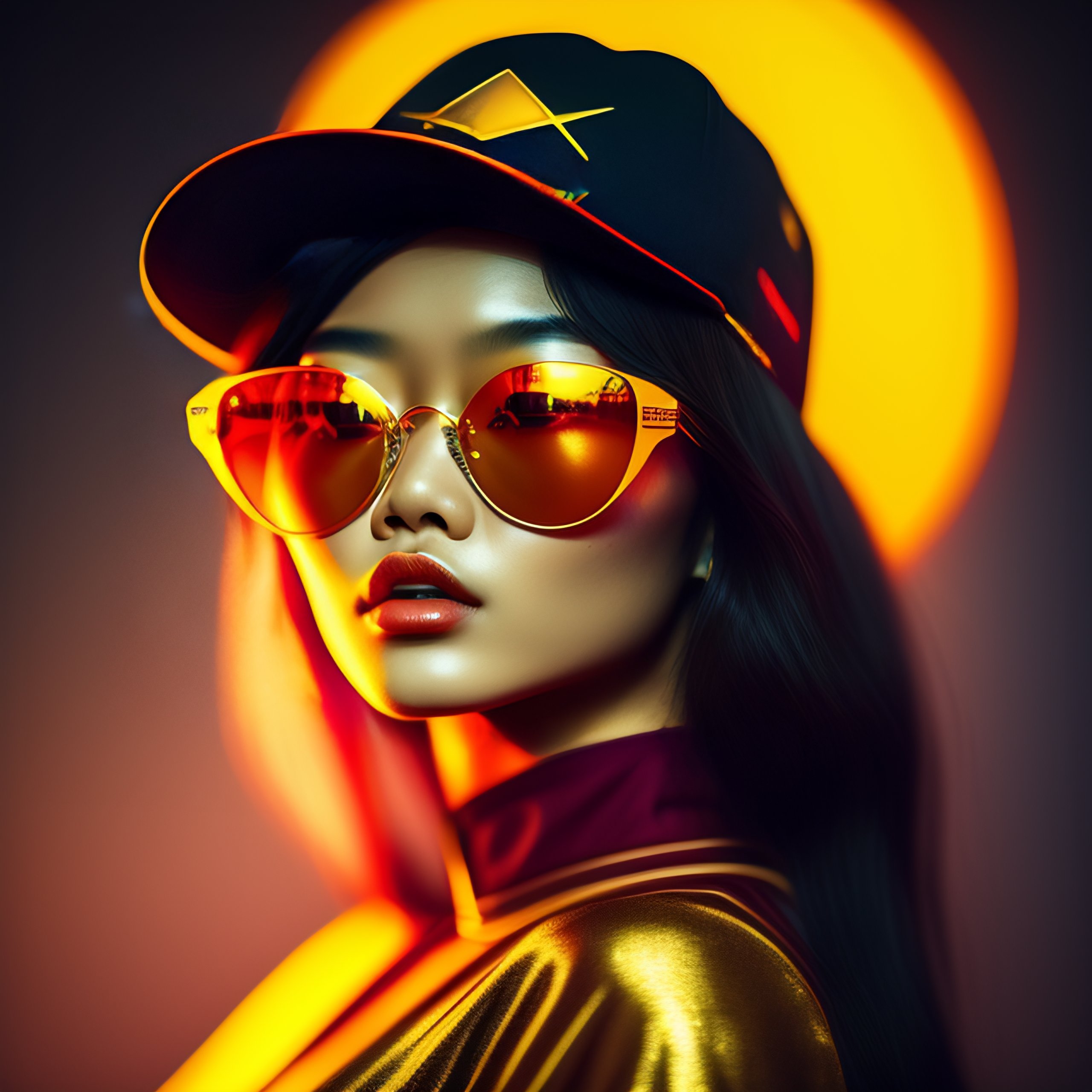 Lexica - Asian girl wearing a dress and golden cap wit a Big X logo. on it. Sunglasses from gold ...