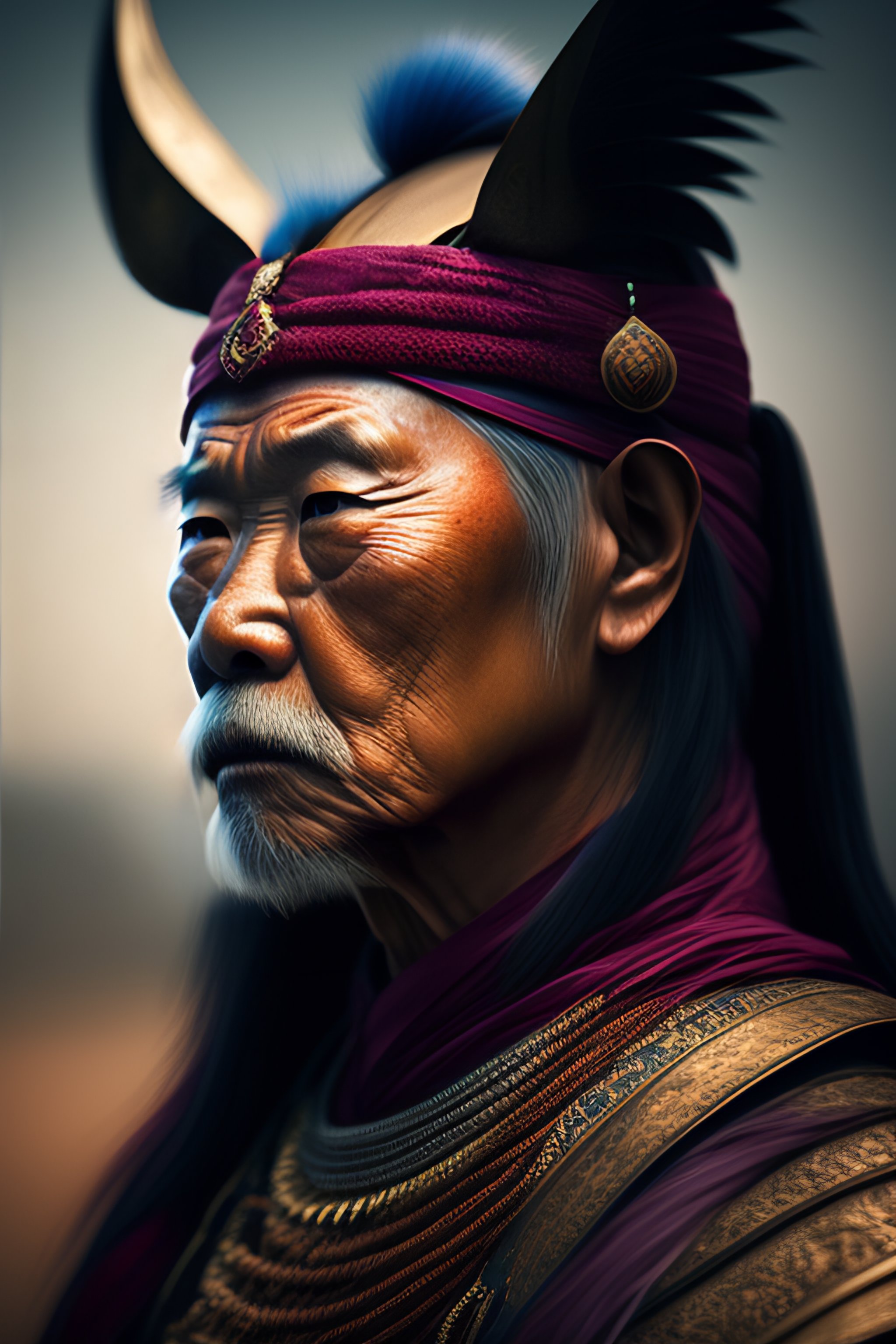 Lexica - Prompt: portrait photo of a asia old warrior chief, tribal panther make up, blue on red ...
