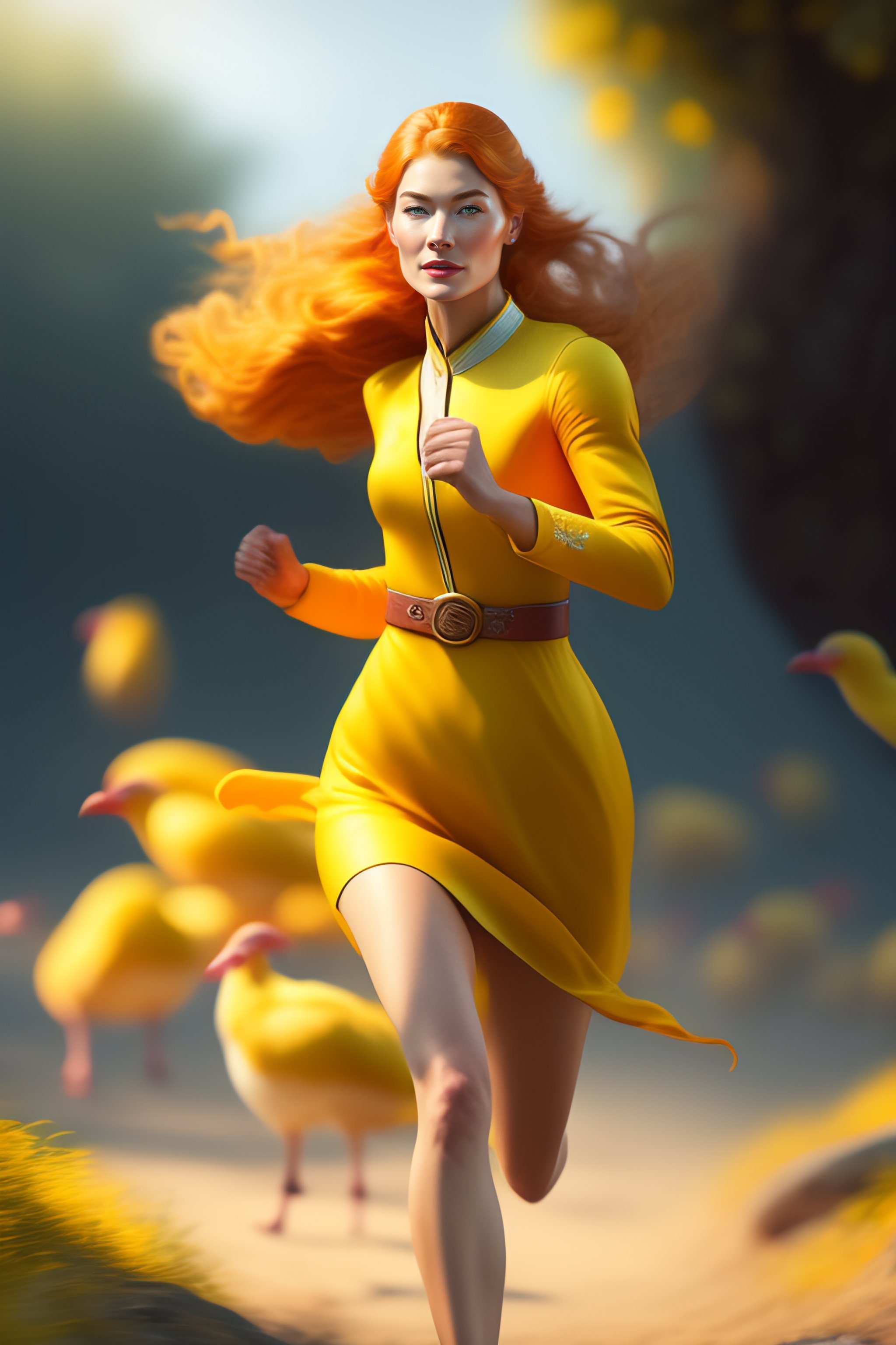 Lexica - Rosamund Pike is a ginger elf wearing a yellow tunic running ...
