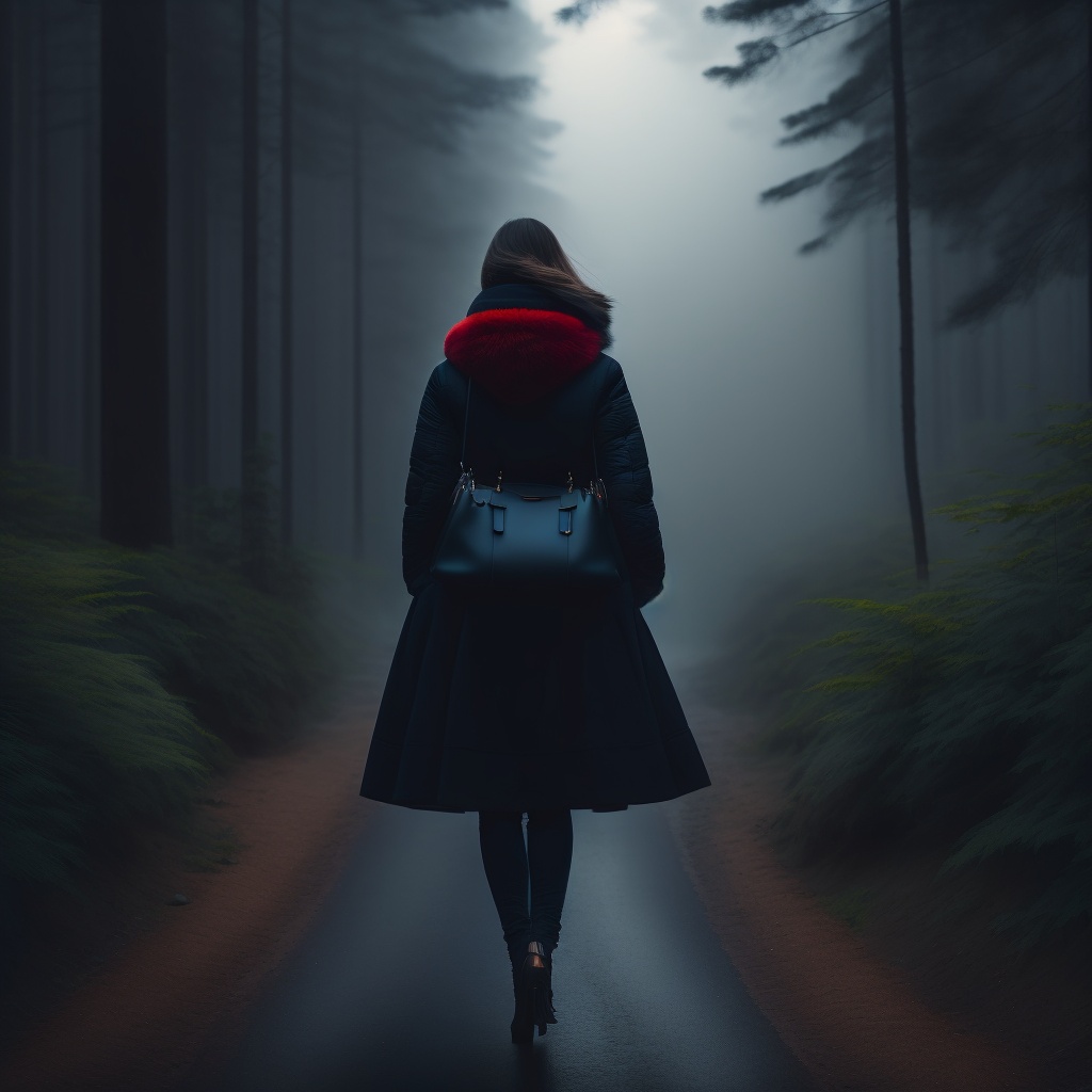 Lexica - An image of a woman walking through a dark and foggy path ...
