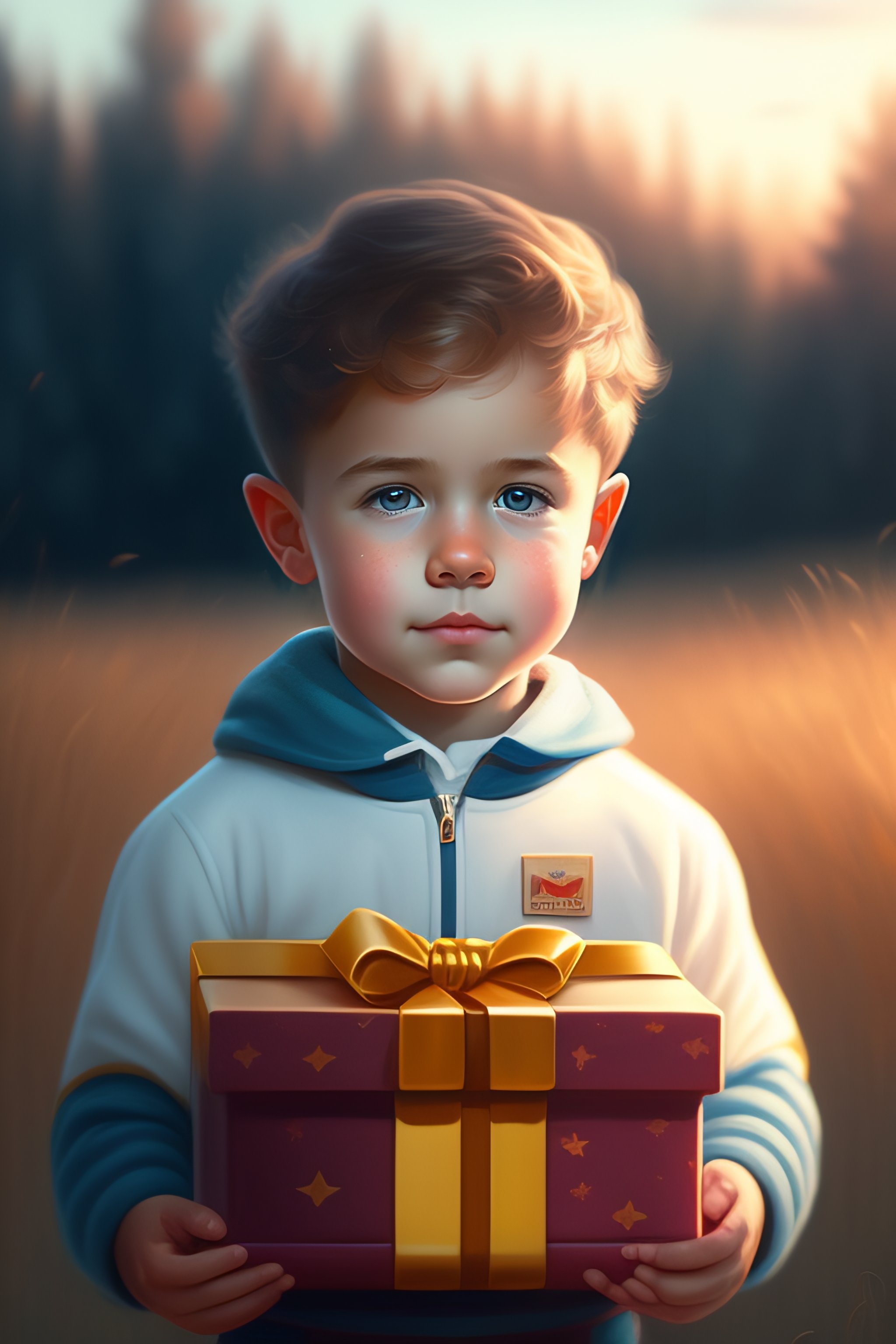 Lexica - A cute boy with a giftbox with bow and ribbon in a painting ...