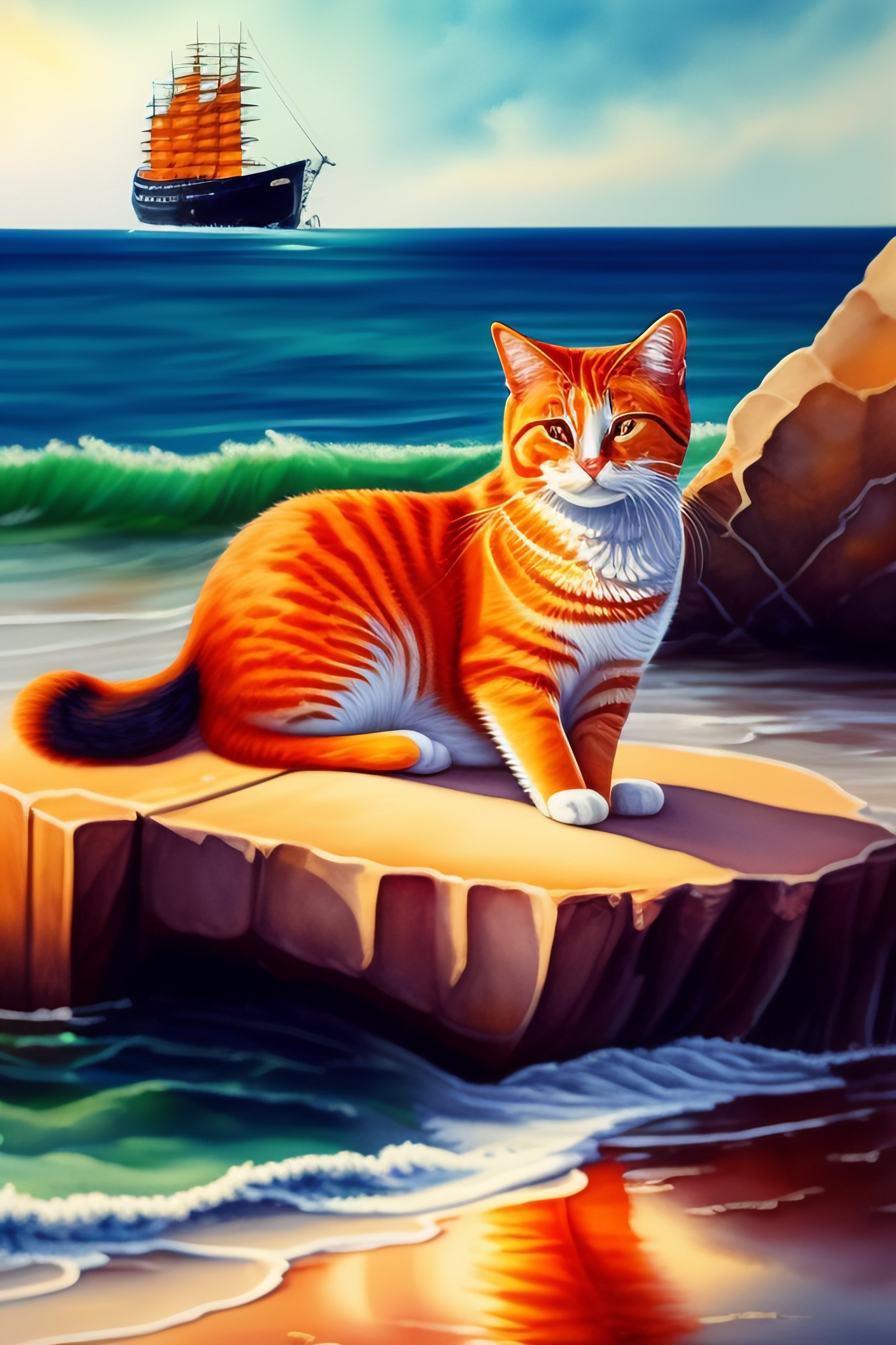 Lexica - A orange cat at the sea, laithaus, ship, cozy, watercolor ...