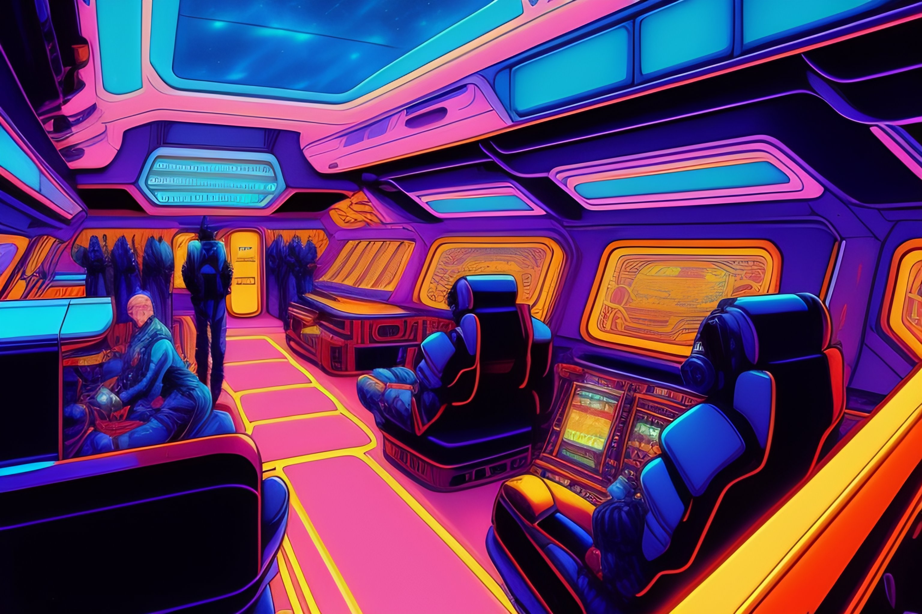 Lexica - Vintage 90's anime style. cluttered starship interior; crew ...