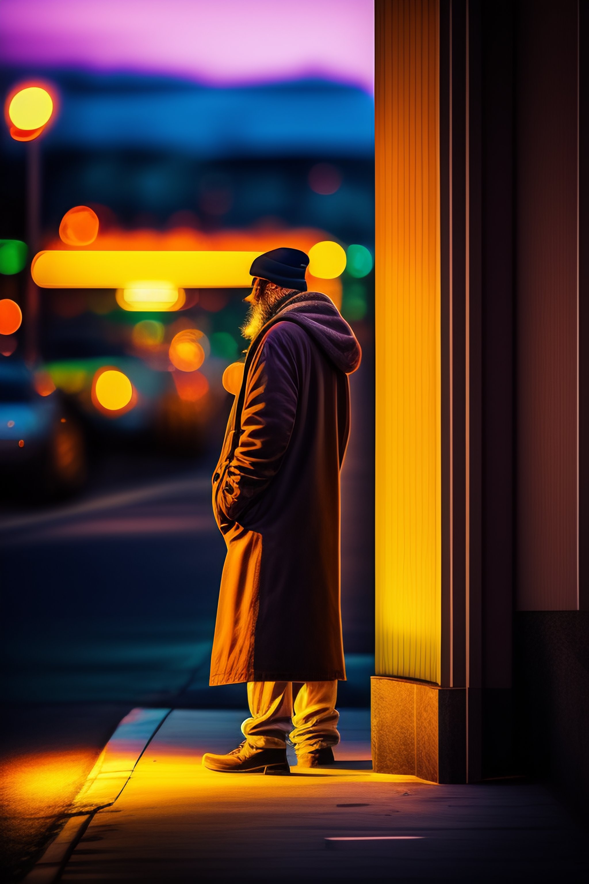 Lexica - Picture of a homeless man, deco style faded colors, bright ...