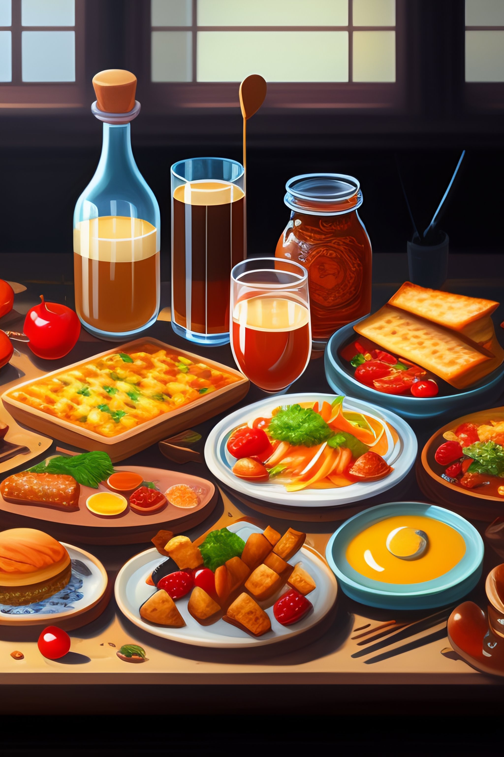 Lexica - A painting of a table full of breakfast foods, concept art by ...