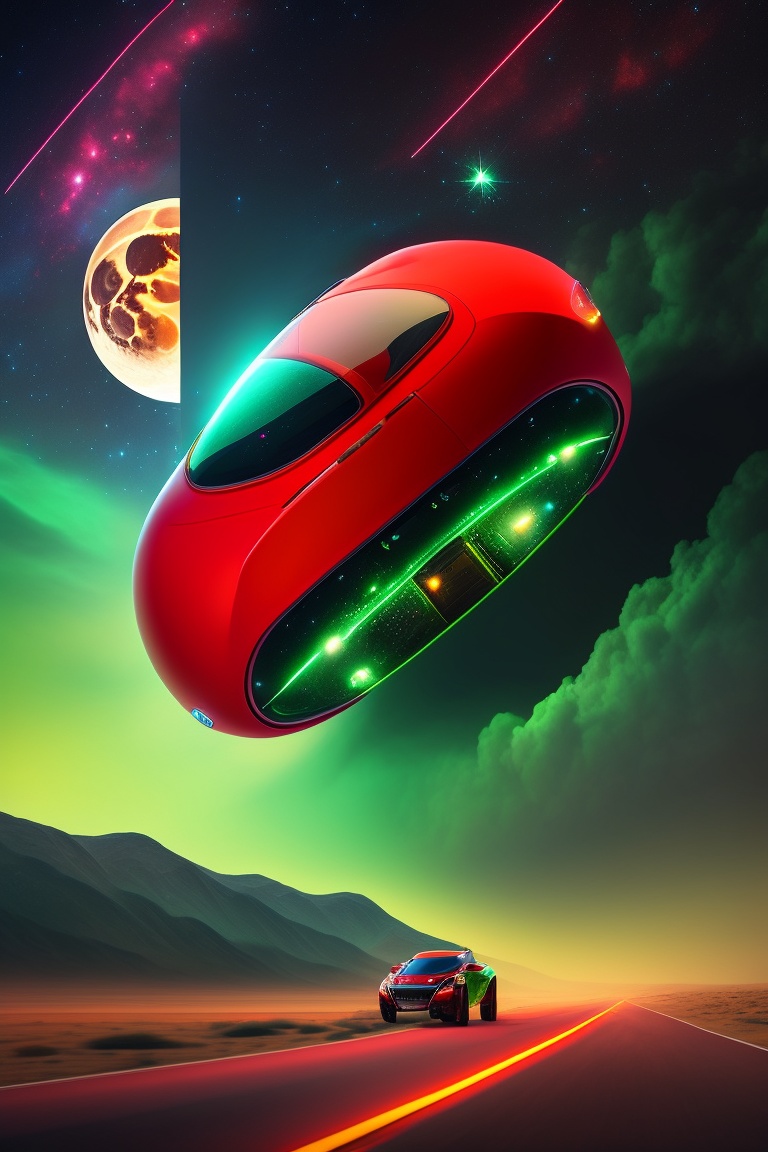 Lexica - A red car floating in outer space under a huge meteor shower ...