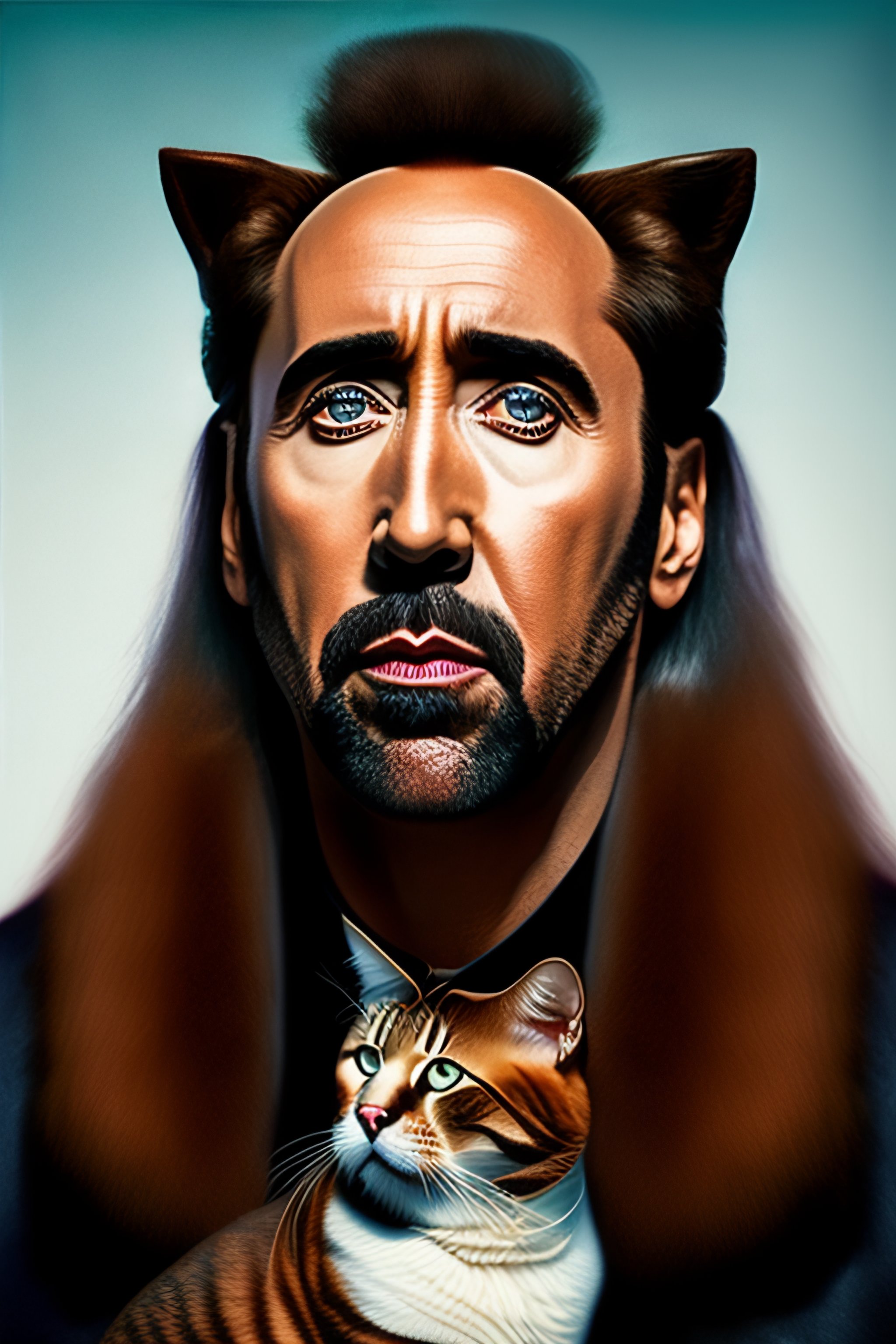 Lexica - Nicolas Cage wearing a cat as fur cat, portrait, documentary