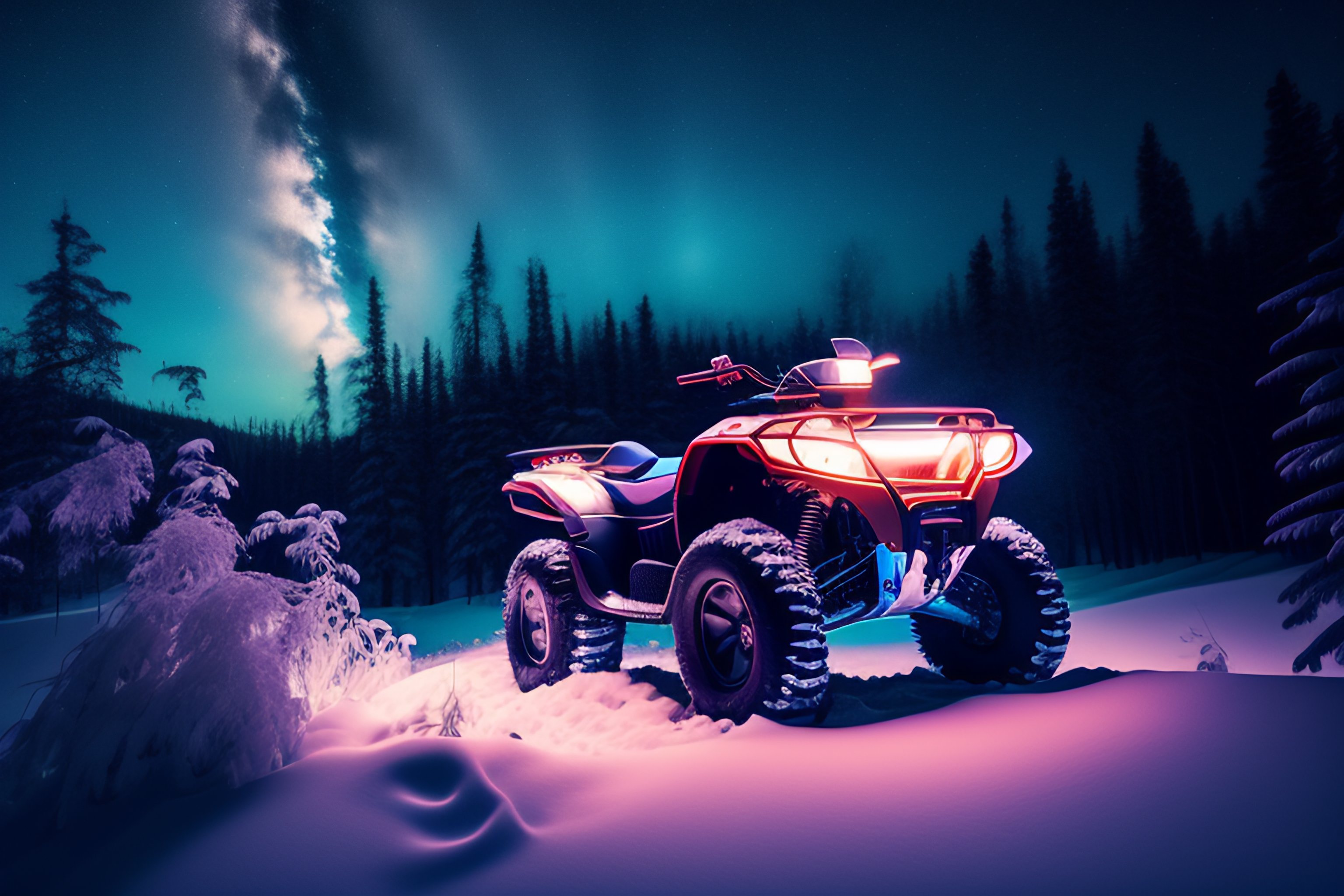 Lexica - ATV rides through the snowy forest at night the moon shines