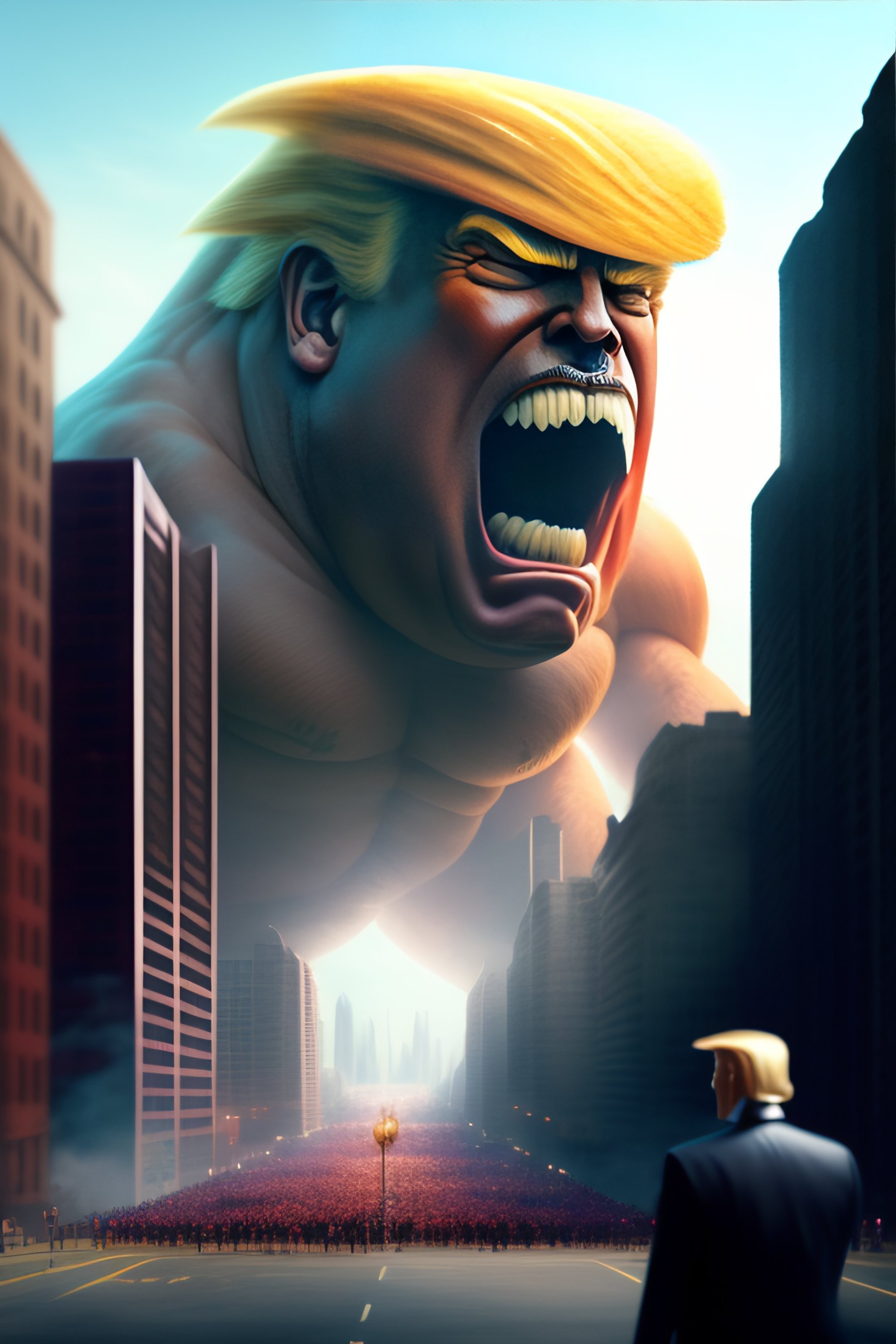 Lexica - Donald Trump depicted as a giant monster destroying a city