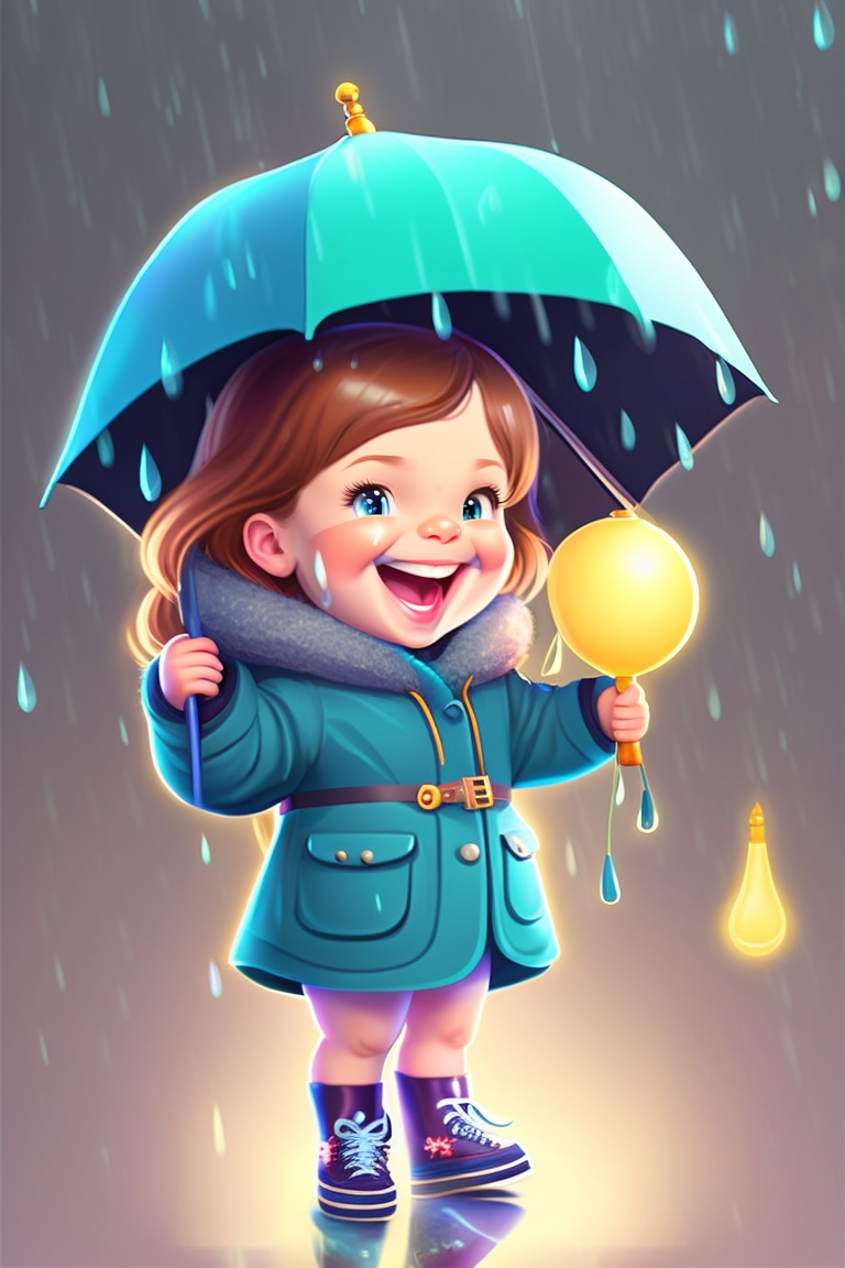 Lexica - Little girl laughing merrily in the rain, cartoon style
