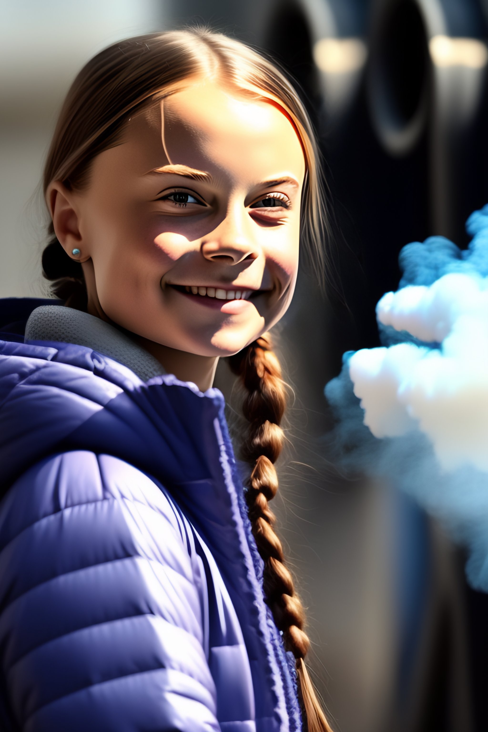 Lexica - Smiling greta thunberg with a factory with smoke